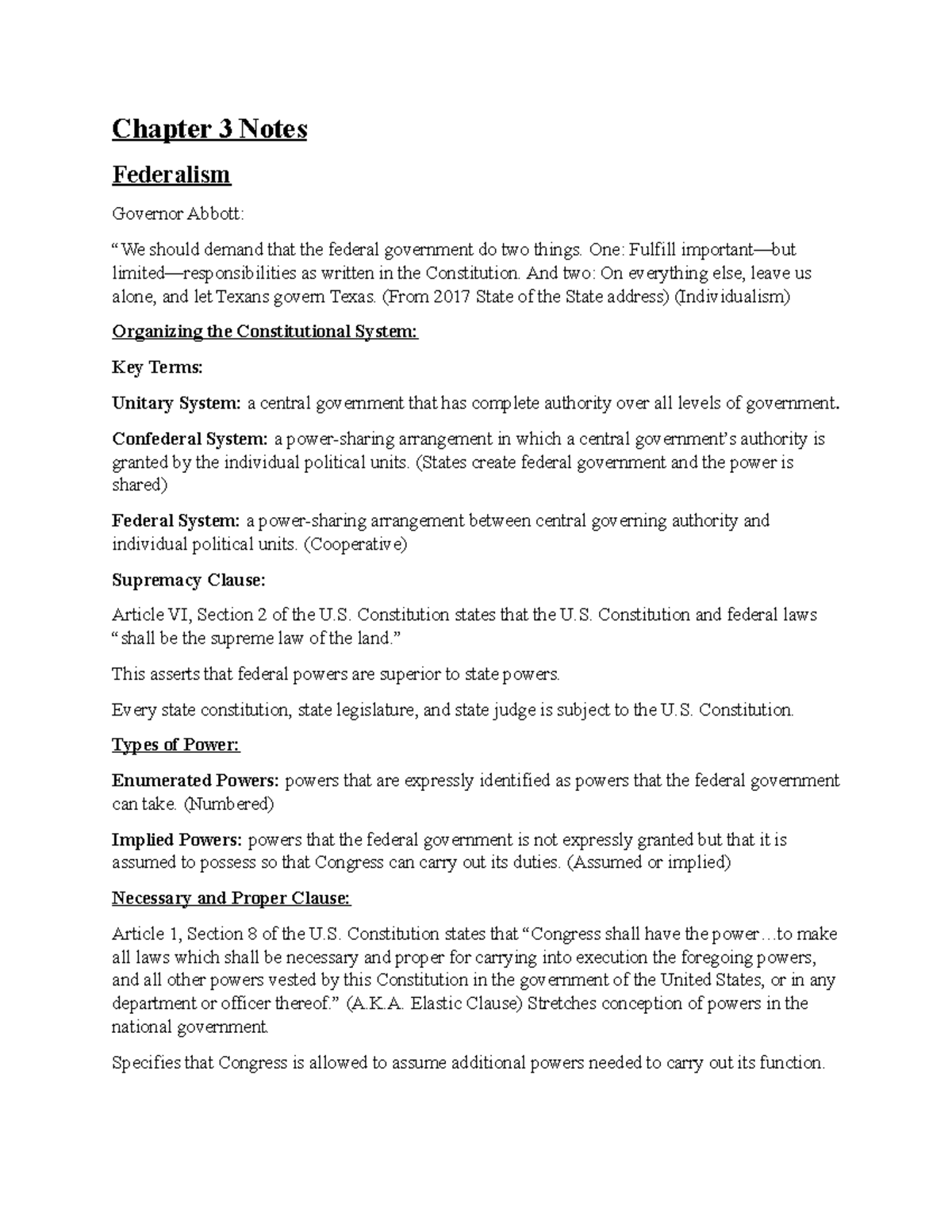 Chapter 3- Federalism - Chapter 3 Notes Federalism Governor Abbott: “We ...