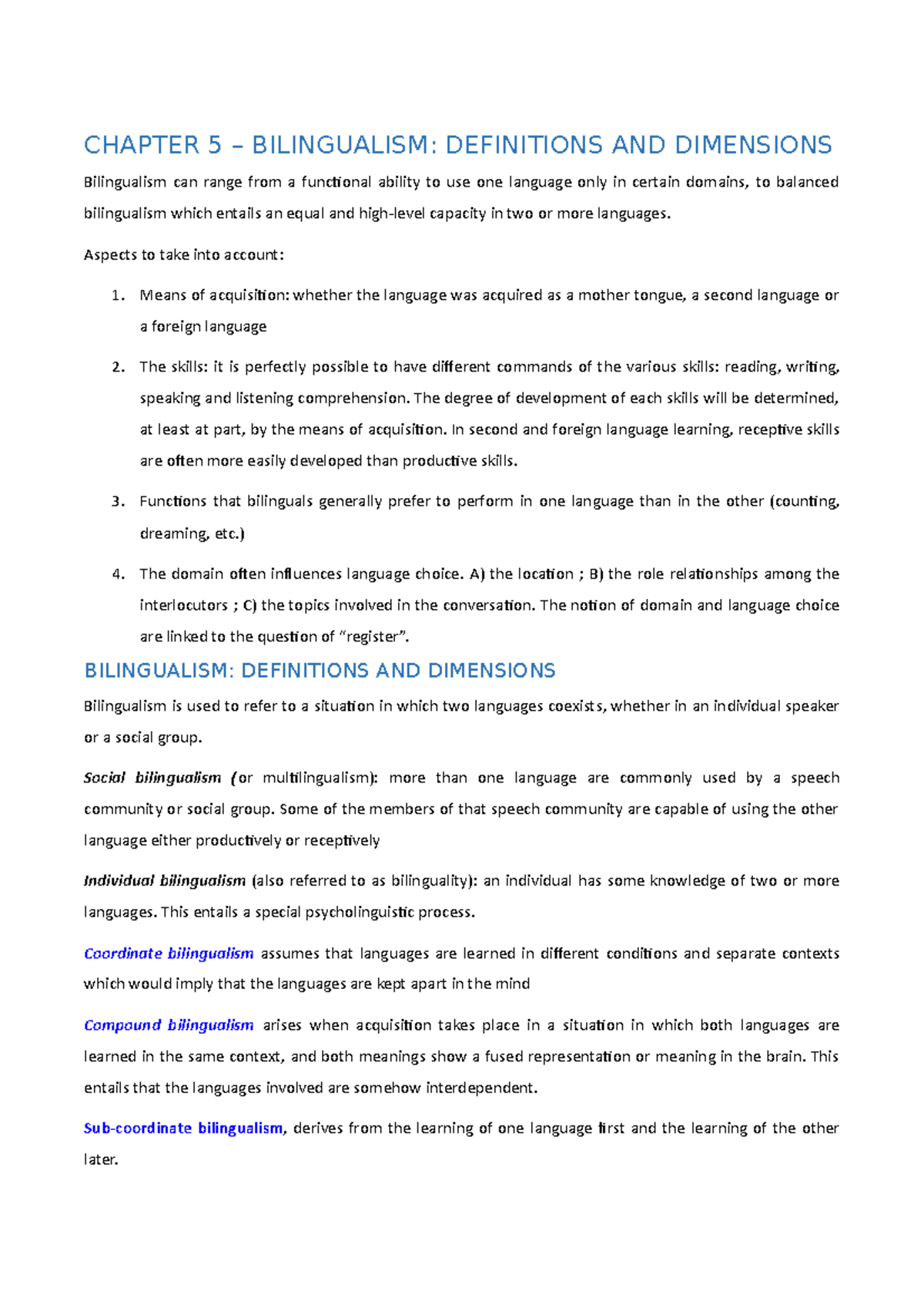 UNIT 4 - Bilingualism Definitions AND Dimensions - CHAPTER 5 ...