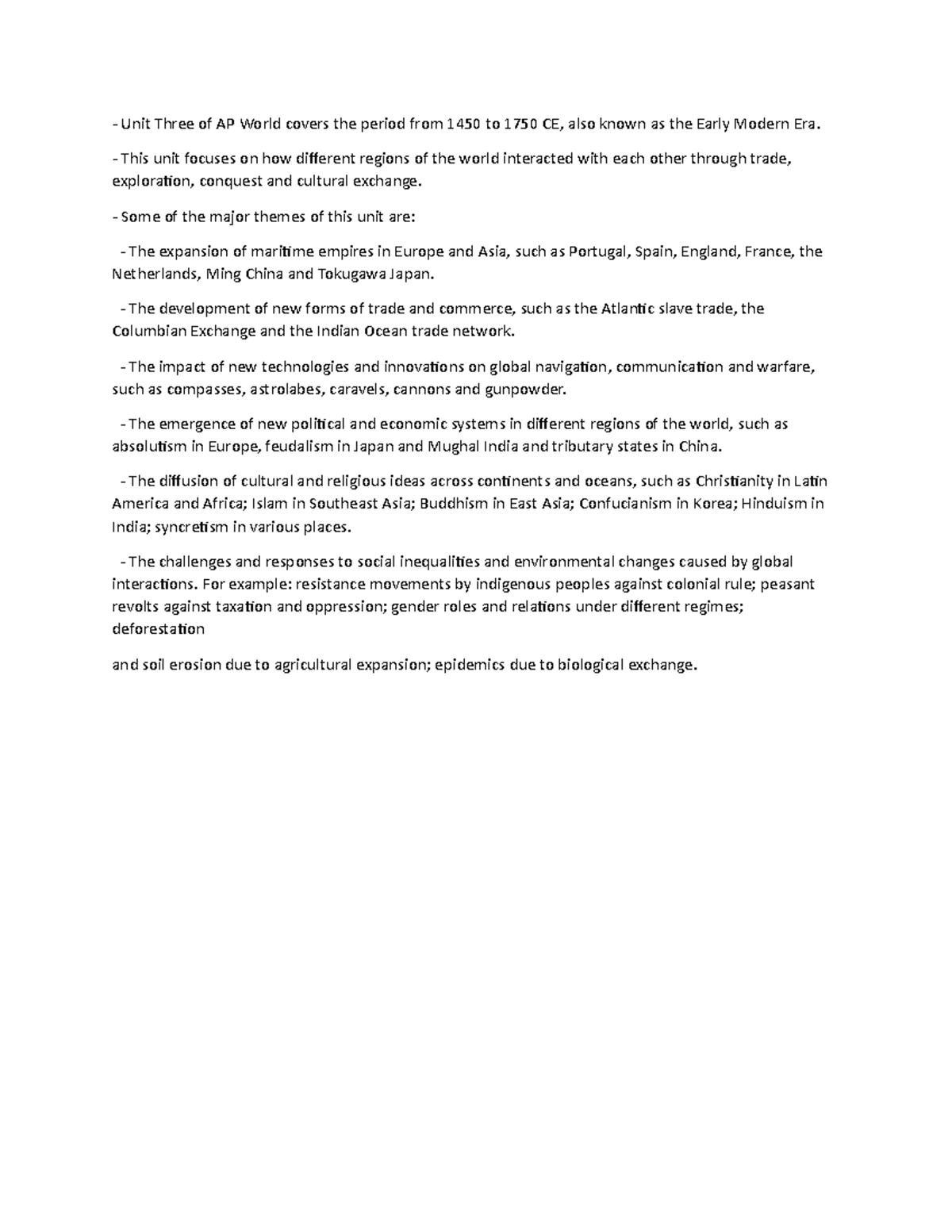 Notes for Unit 3 of AP World - Unit Three of AP World covers the period ...