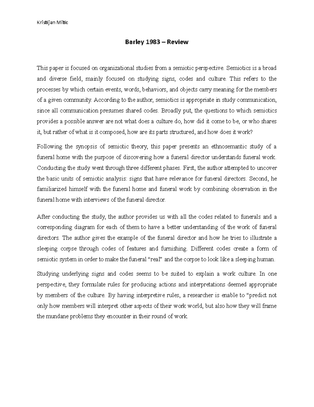 Summary - Semiotics and the Study of Occupational and Organizational Cultures - Kristijan Mitic ...