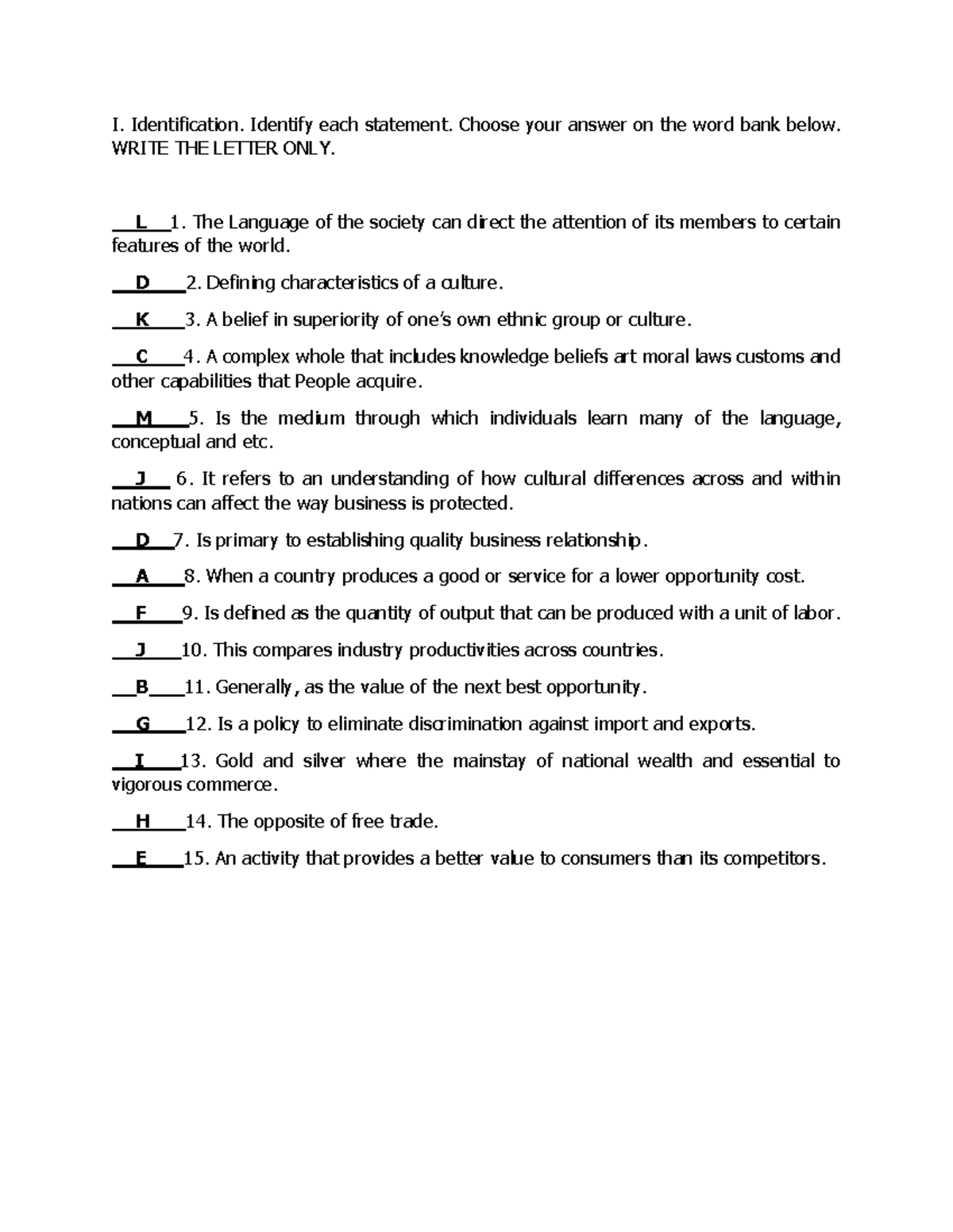 Identification Part II - I. Identification. Identify each statement ...
