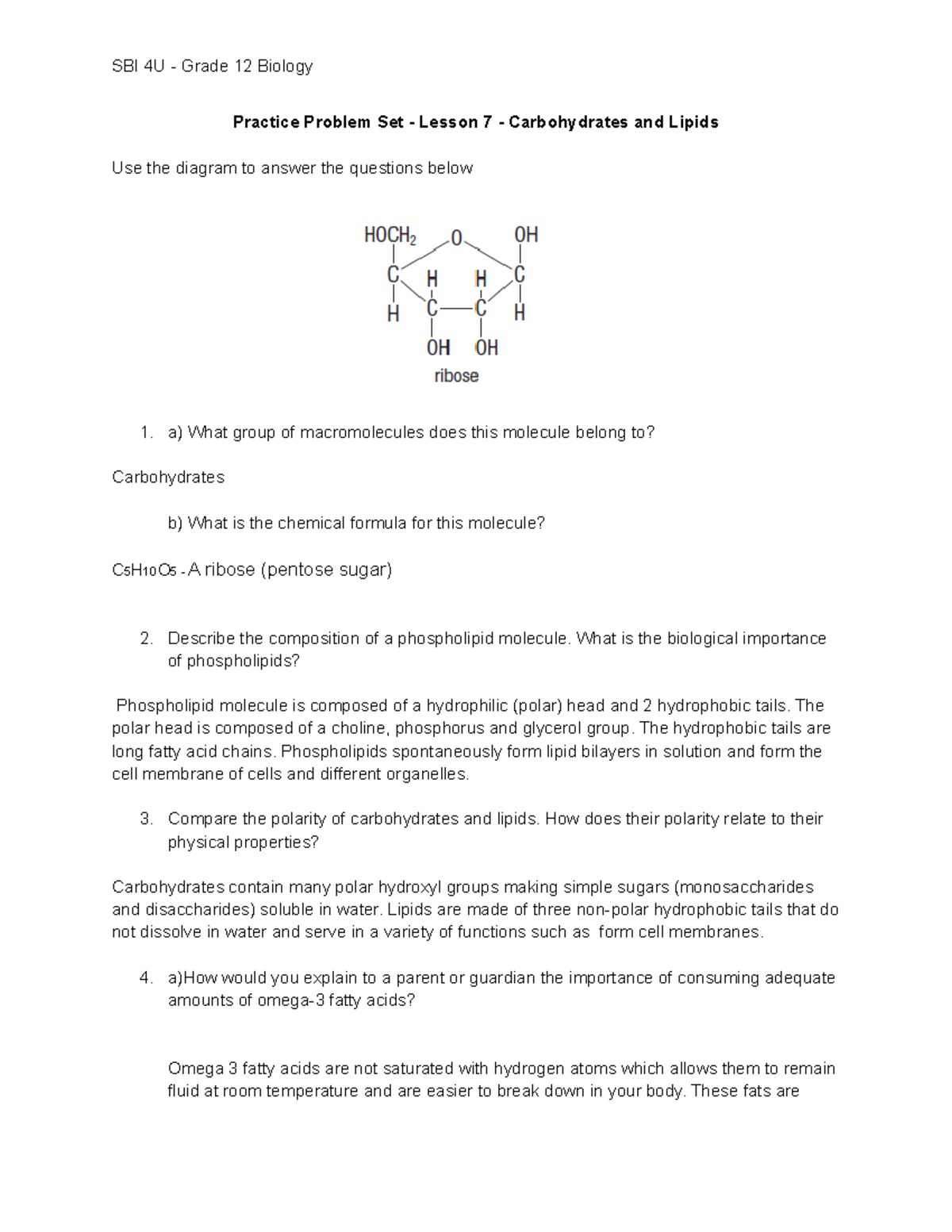 Practice Problem Set - Lesson 7 - Carbohydrates and Lipids - Studocu