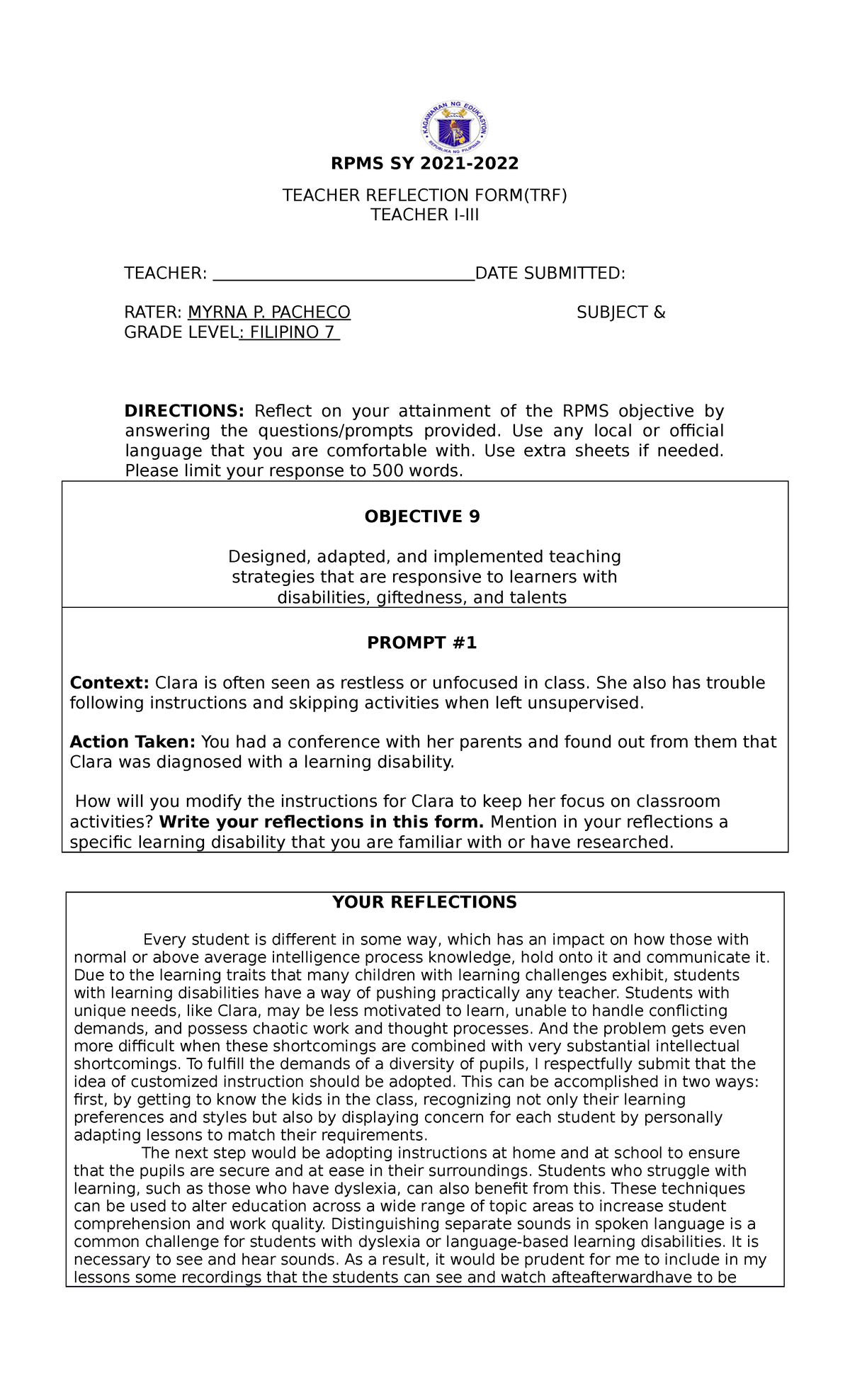 MOV- Objective-9 - ssdsf sgsgsgagefg - RPMS SY 2021- TEACHER REFLECTION ...