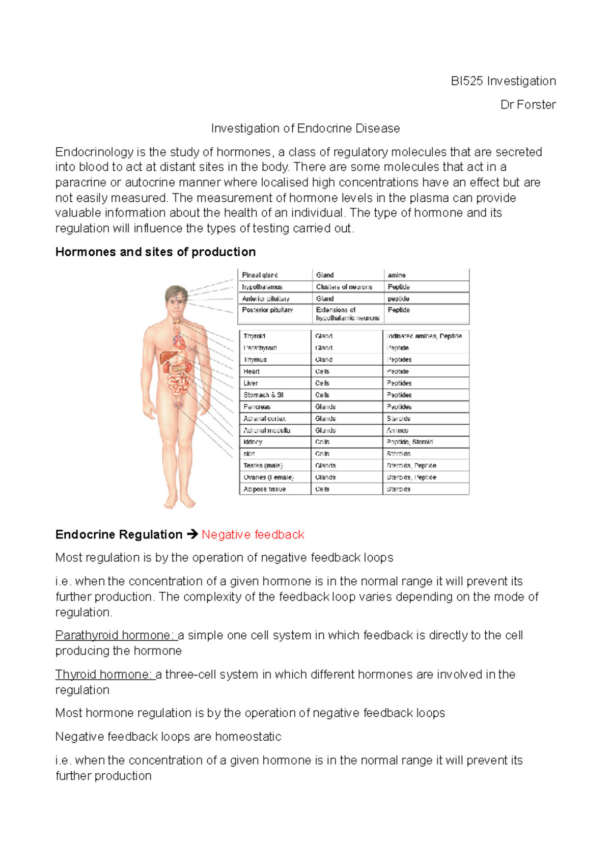 Endocrine Disease 1 - Lectures notes - BI525 Investigation Dr Forster ...