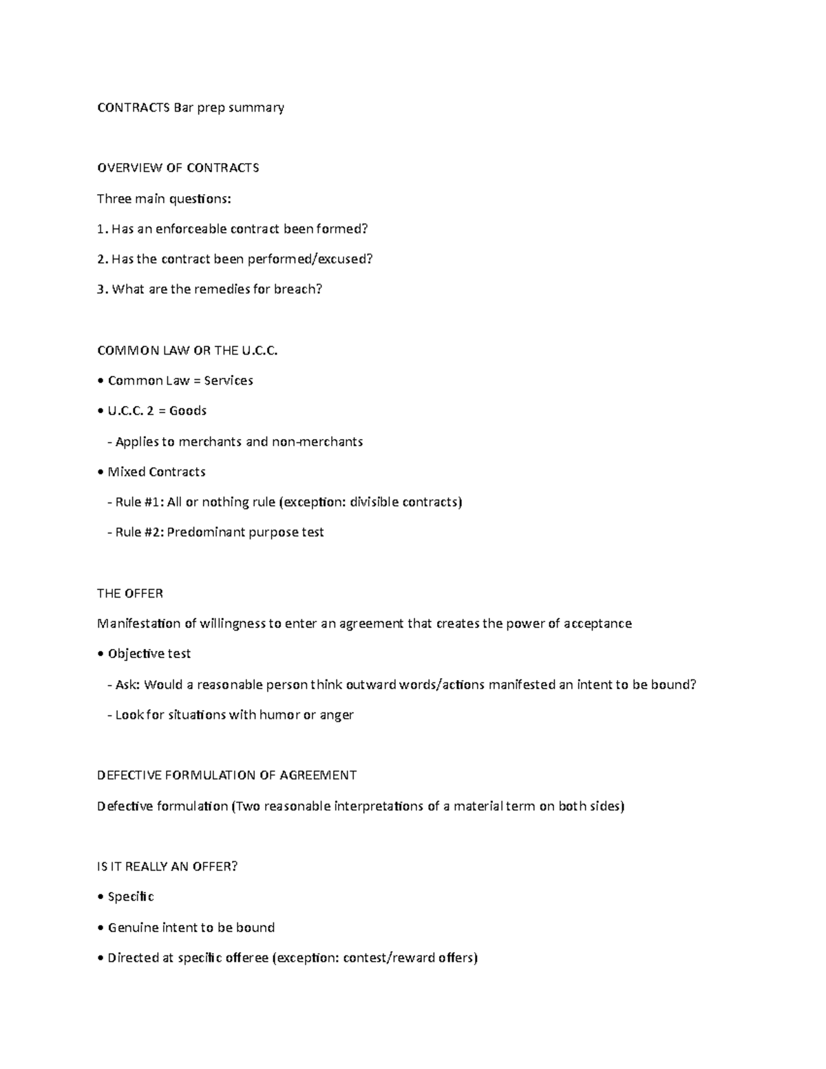 Contracts bar prep summary - CONTRACTS Bar prep summary OVERVIEW OF ...