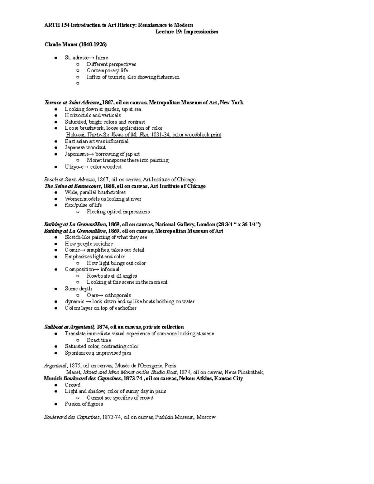 Lecture 19 Notes - ARTH 154 Introduction to Art History: Renaissance to ...