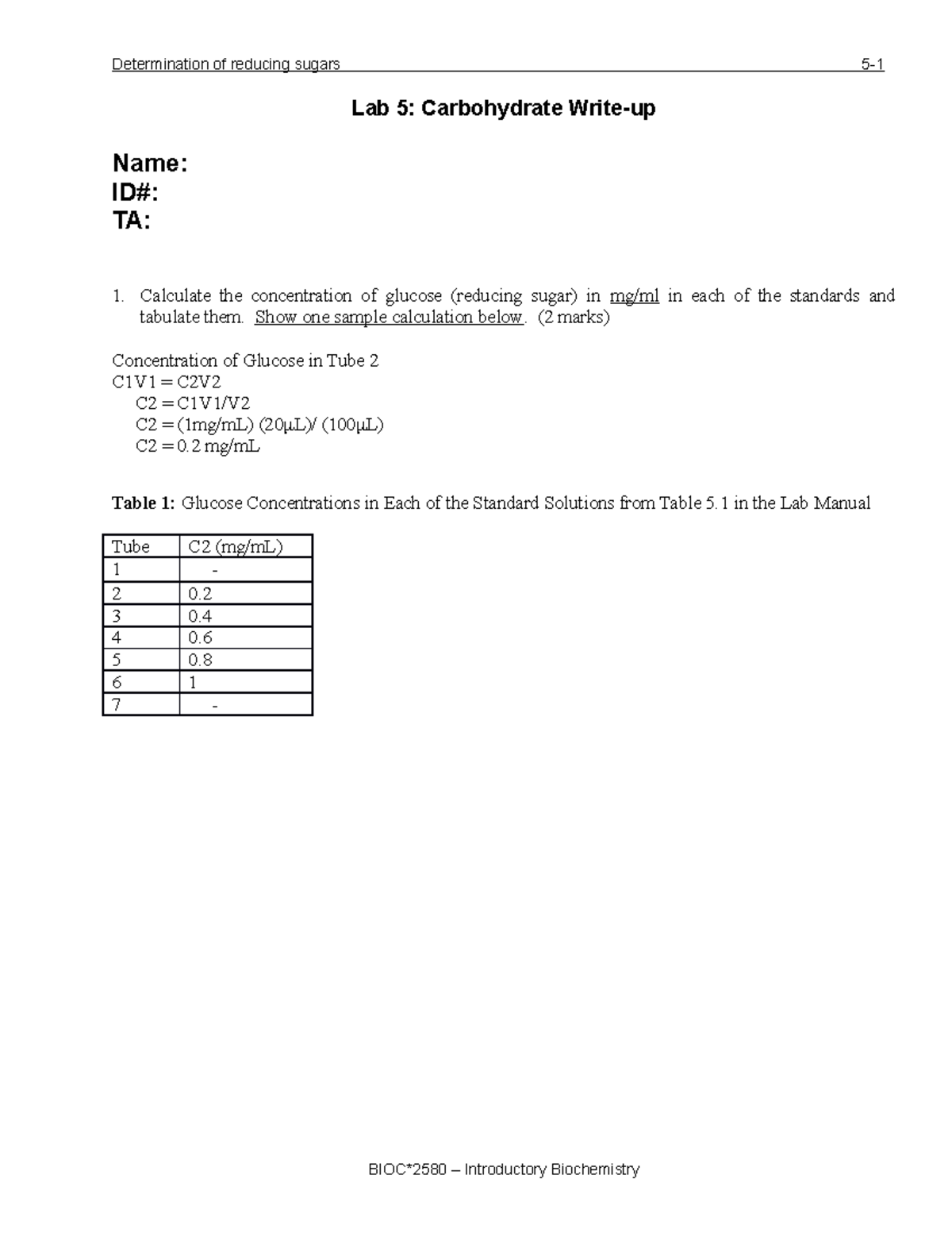 Carbohydrate Lab Write-Up - Determination of reducing sugars 5- 1 Lab 5 ...