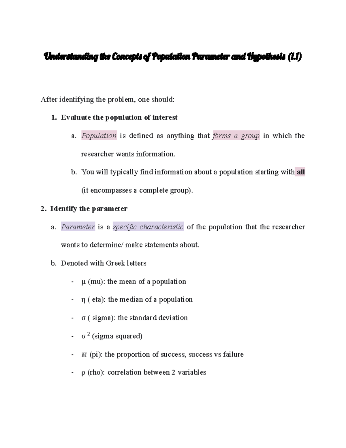 Basics Of Statistics 210 Chapter 1 Review Understandin Th Concept Of Populatio Parameter An