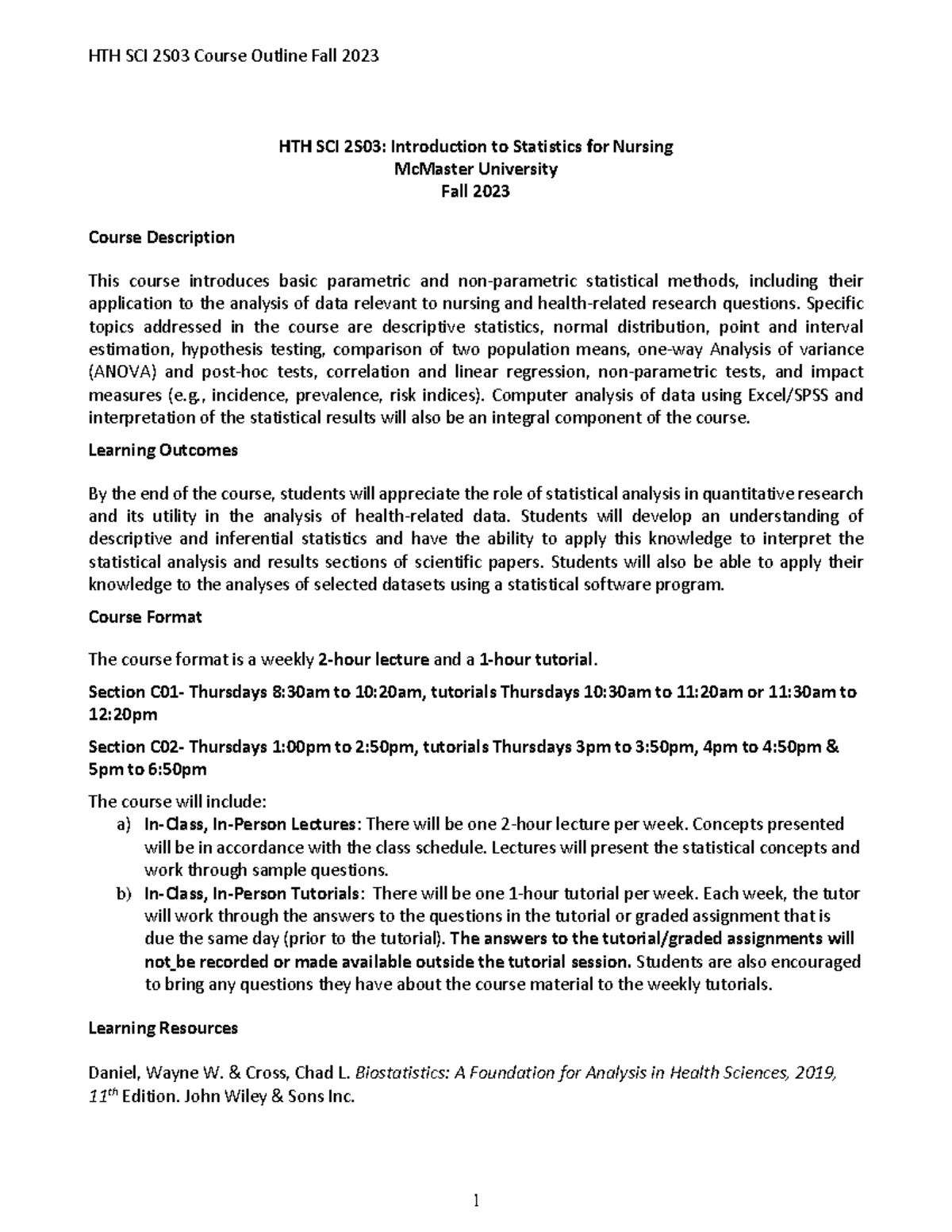HTH SCI 2S03 Course Outline Fall 2023 PDF - Specific topics addressed in the course are ...