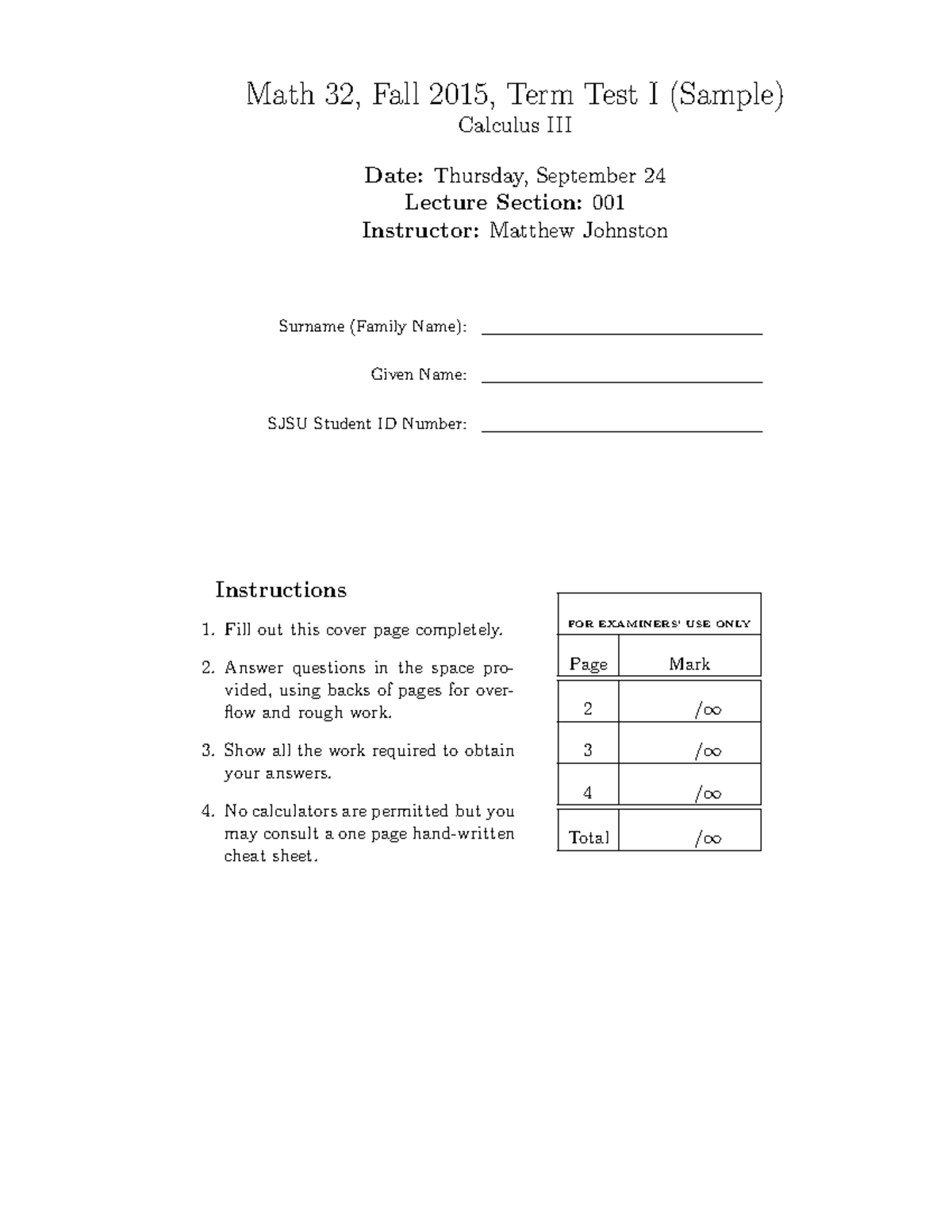 MATH 32 Test 1 - Test 1 paper - Math 32, Fall 2015, Term Test I (Sample ...