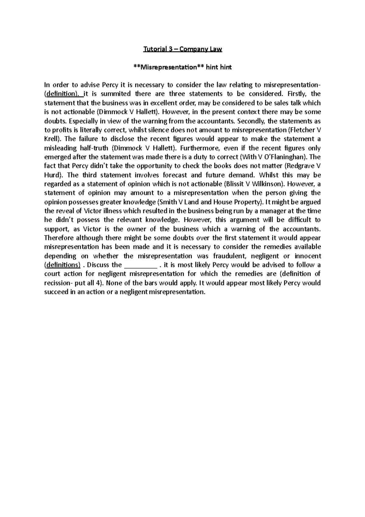 Tutorial 3 – Company Law- Misrepresentation - Tutorial 3 – Company Law ...