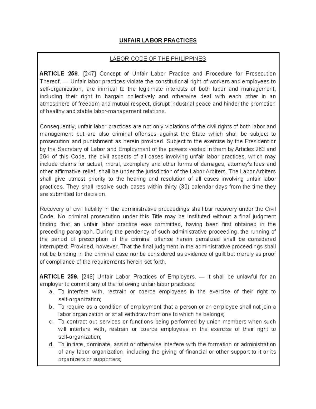 Unfair Labor Practices 1 - UNFAIR LABOR PRACTICES LABOR CODE OF THE ...