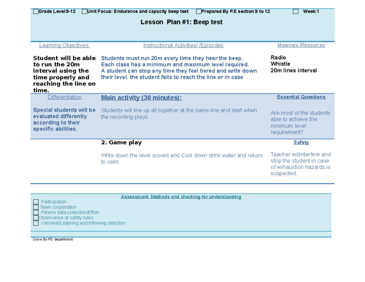 Beep test lesson - Grade Level:9-12 Unit Focus: Endurance and capacity ...