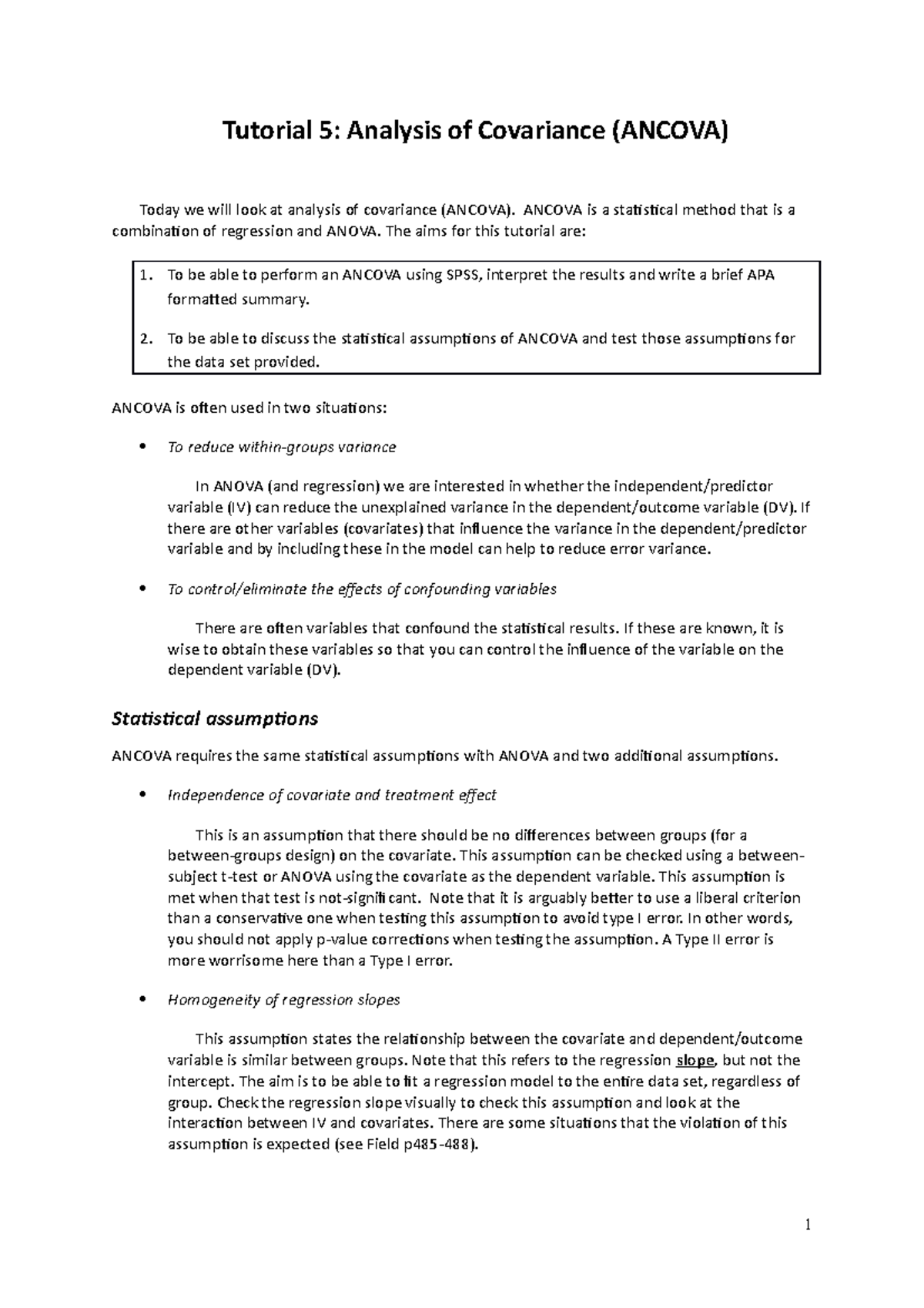 Tutorial 5 Ancova Tutorial 5 Analysis Of Covariance Ancova Today We Will Look At Analysis