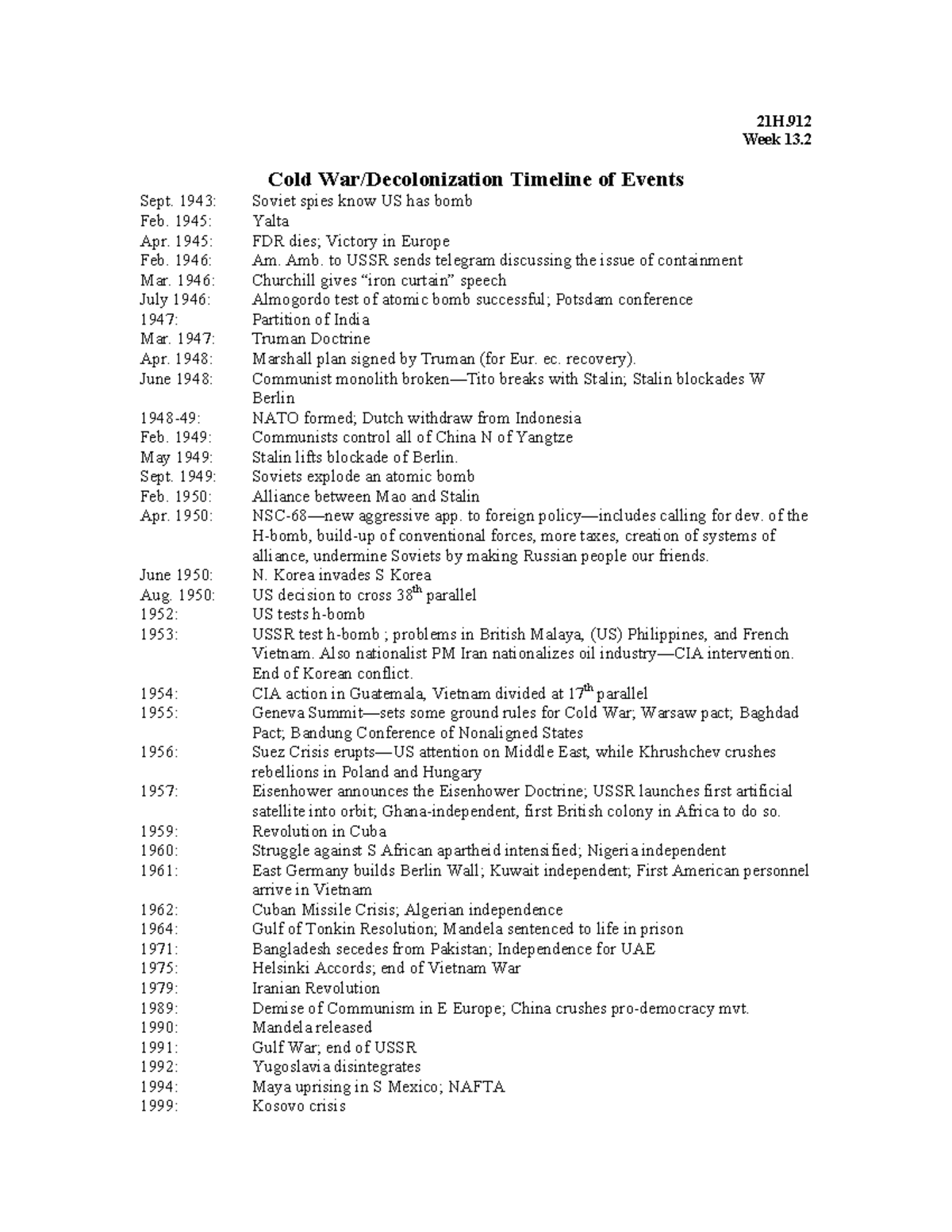 Cold War Material - 21H. Week 13. Cold War/Decolonization Timeline of ...