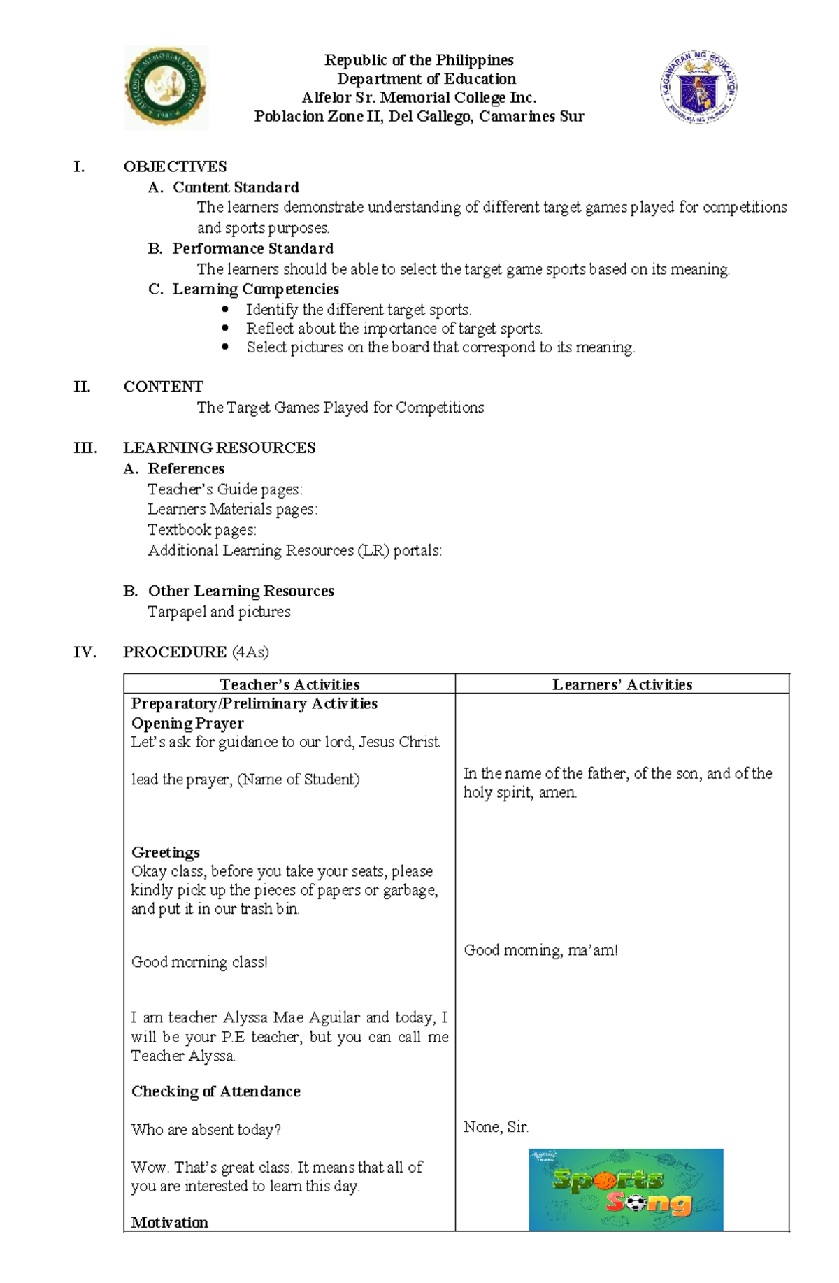 DLP IN P.E 4 - Detailed Lesson Plan in Physical Education - Republic of ...