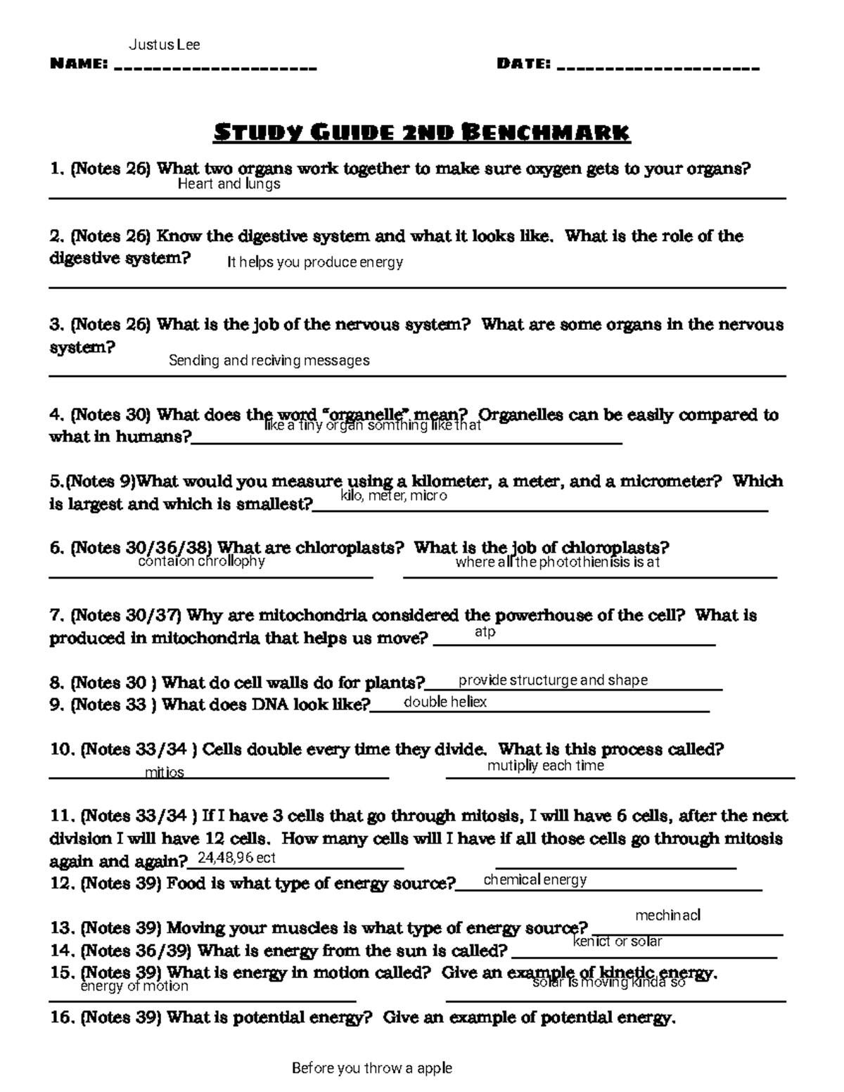 Justus LEE - Copy of Cells Unit Study Guide - Name ...