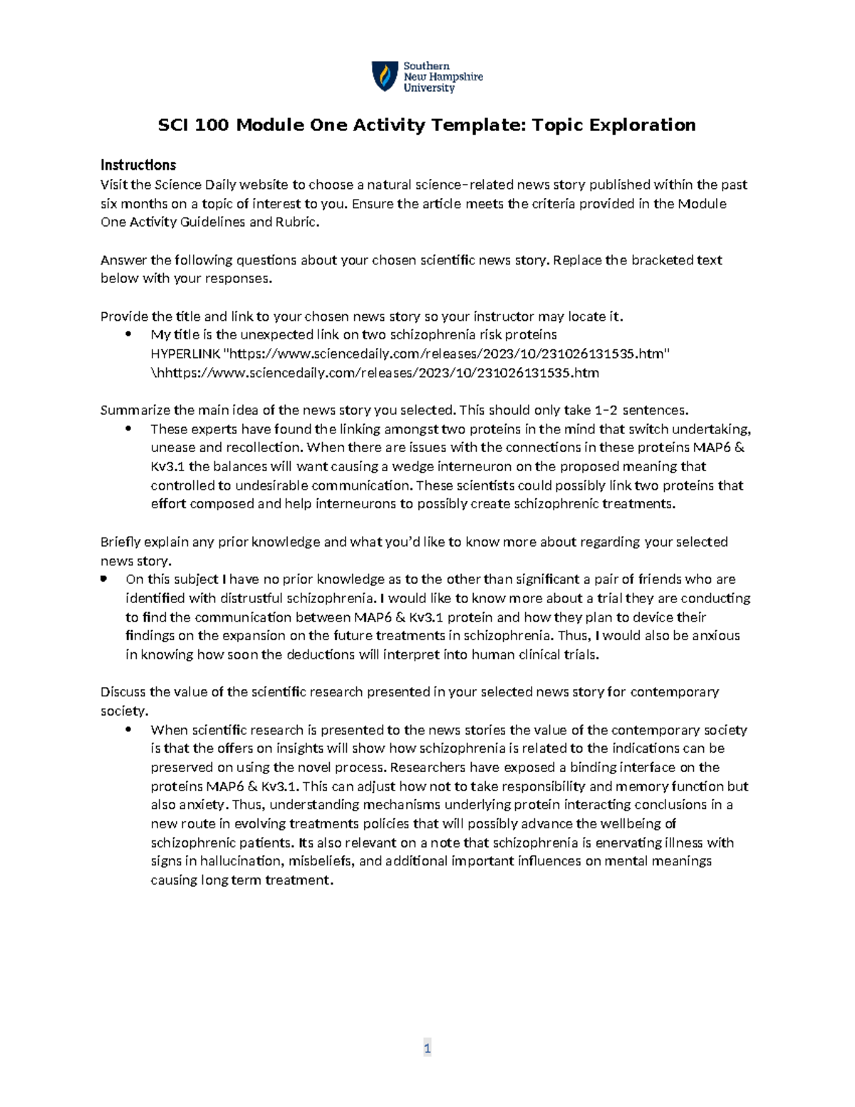 SCI 100 Module One Activity Template - Ensure the article meets the ...