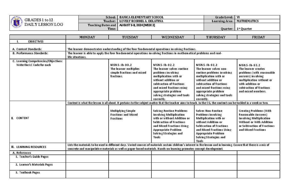 DLL Mathematics 6 Q1 W2 - GRADES 1 to 12 DAILY LESSON LOG School ...