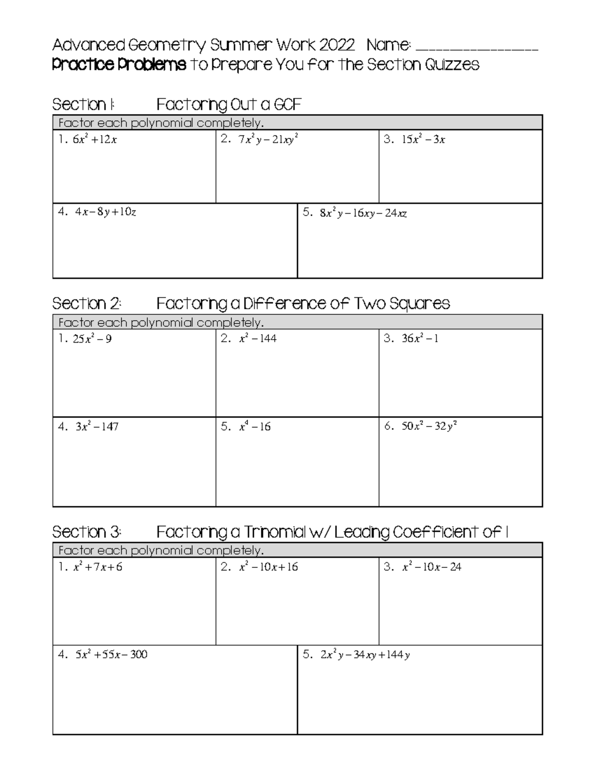 Advanced Algebra Summer Work - Advanced Geometry Summer Work 202 2 Name