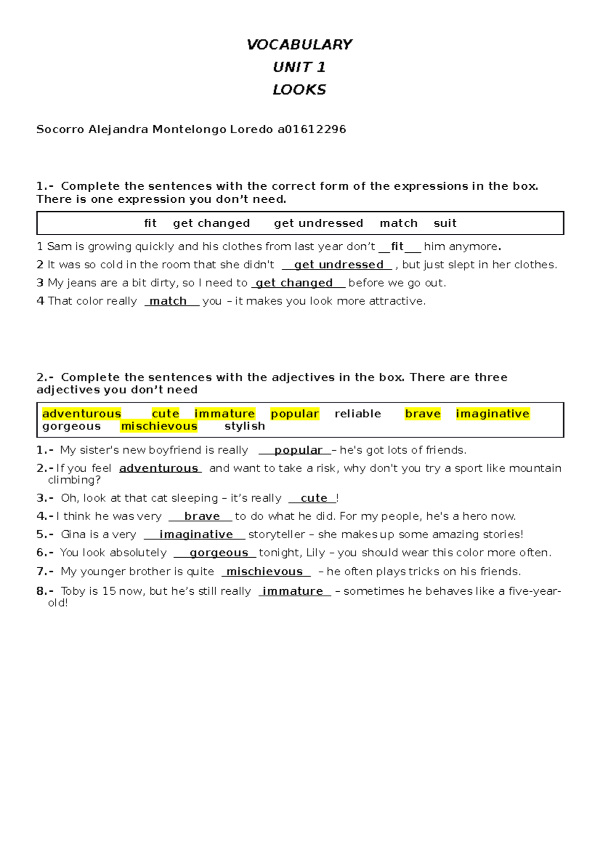 Vocabulary Focus UNIT 1 - VOCABULARY UNIT 1 LOOKS Socorro Alejandra ...