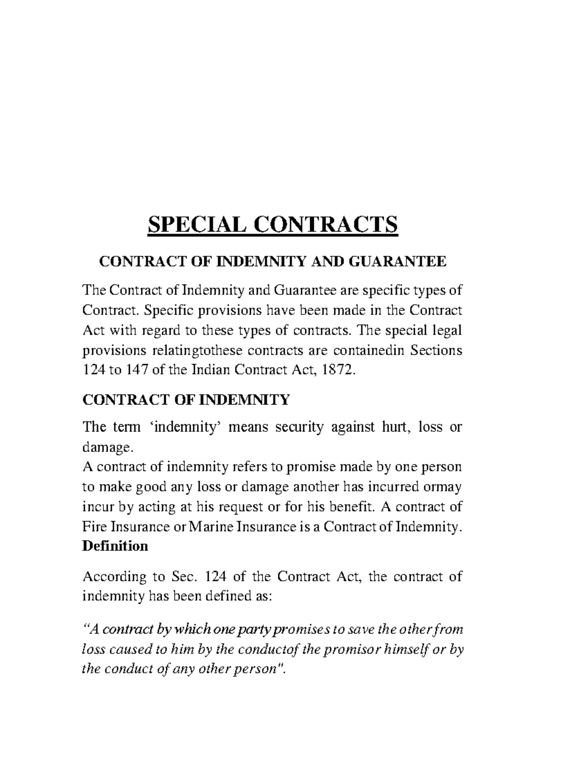 Special Contract - Useful - SPECIAL CONTRACTS CONTRACT OF INDEMNITY AND ...