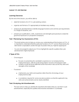 LABU2060 SN Job Interview Lesson 1 - LABU2060 Student’s Notes: Phase I ...
