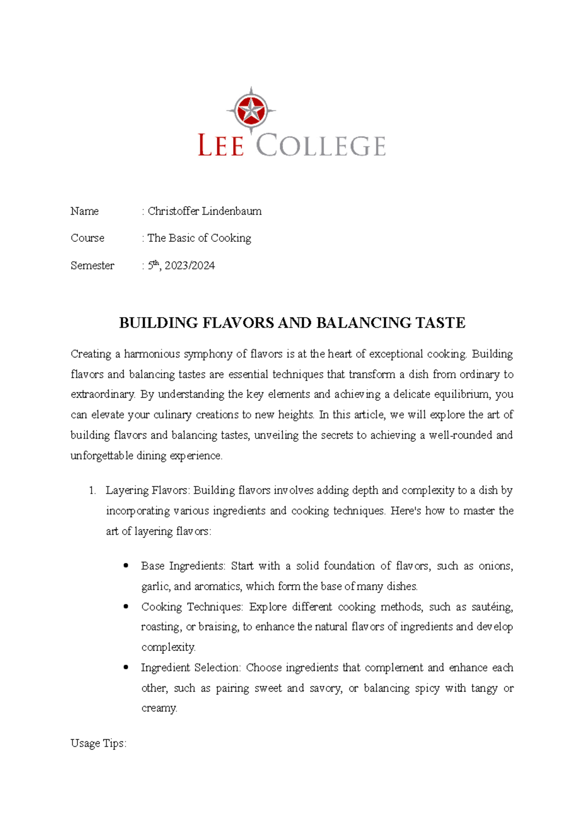 Building flavors and balancing taste - Name : Christoffer Lindenbaum ...