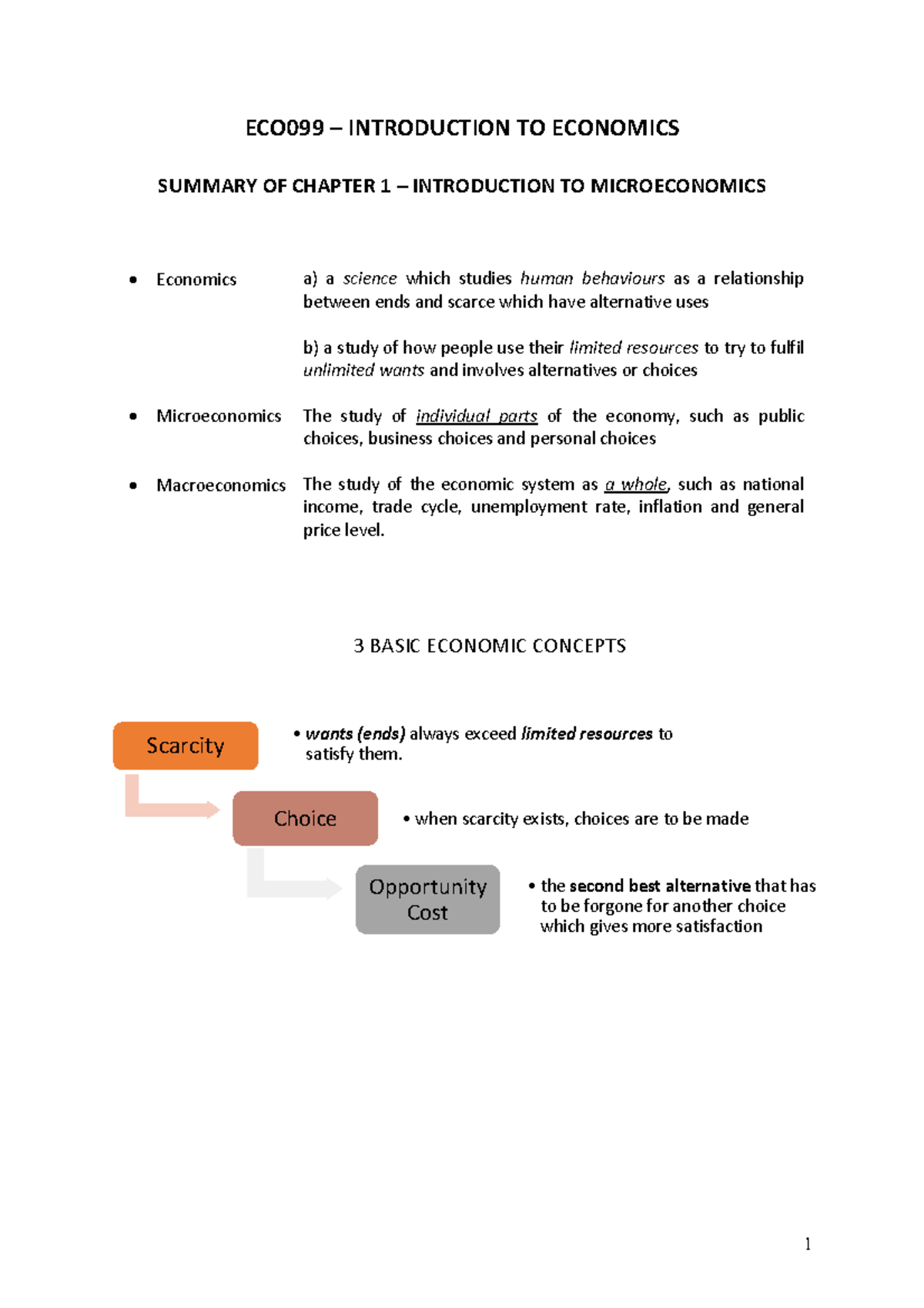 CHAP 1 Summary - Lecture notes 1-3 - ECO099 – INTRODUCTION TO ECONOMICS ...
