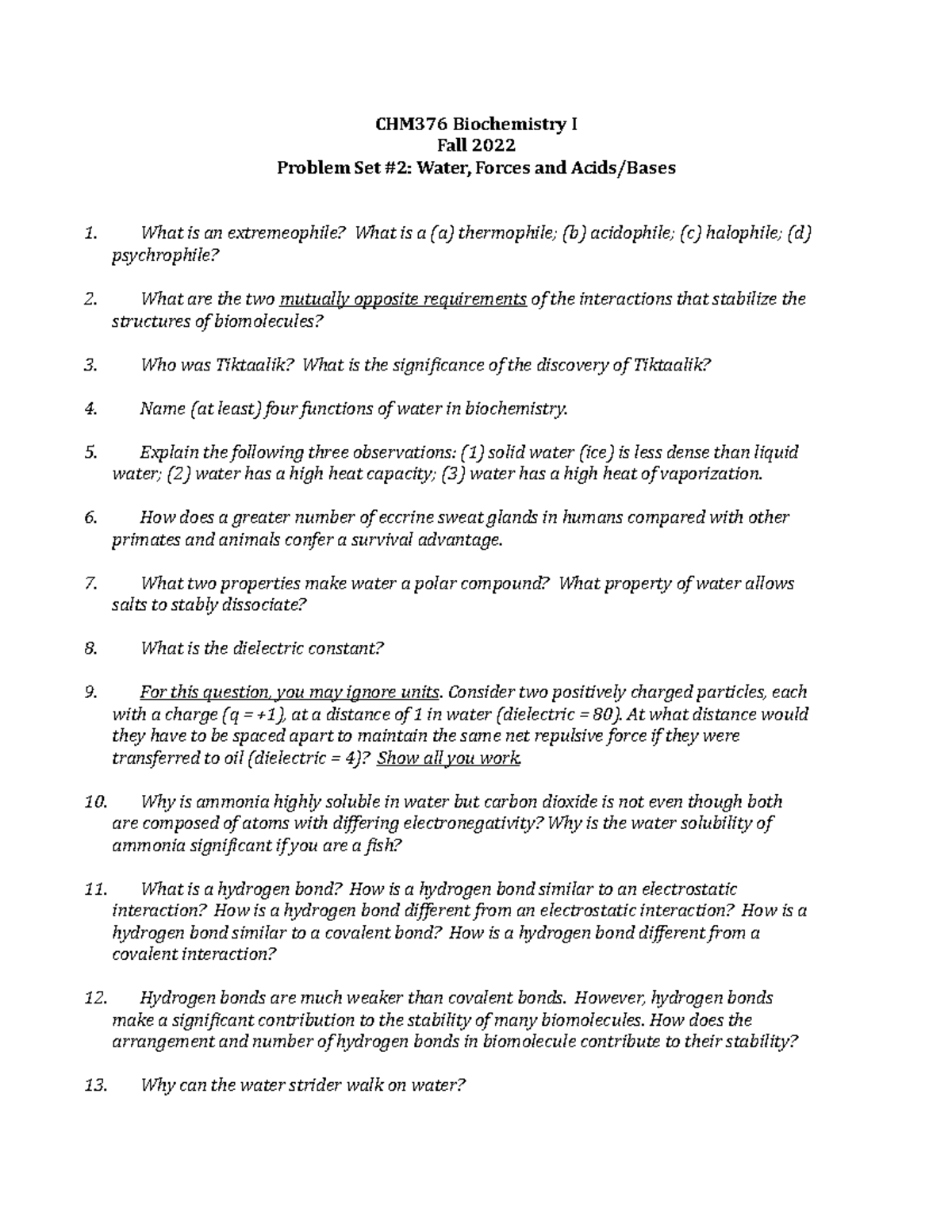 CHM376 Fa22 PS2 - problem set 2 - CHM376 Biochemistry I Fall 2022 Problem Set #2: Water, Forces ...