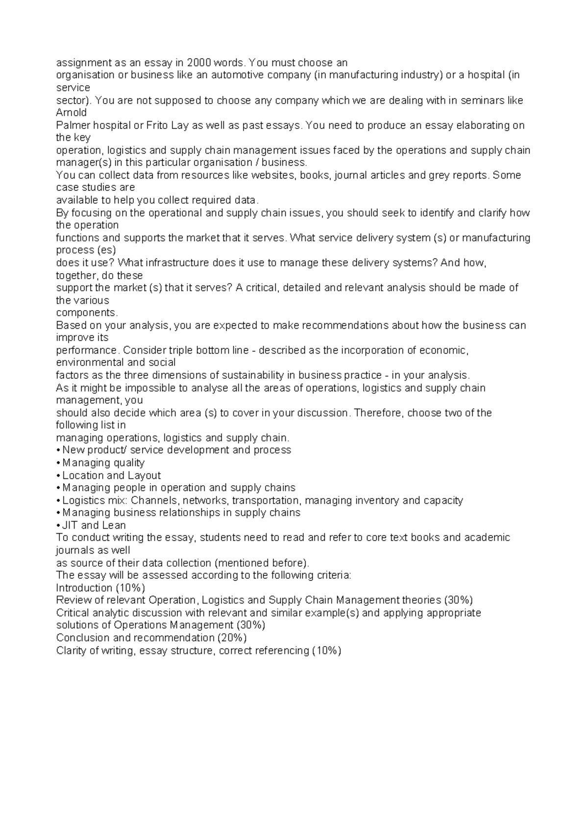 Assignment brief for logistic - assignment as an essay in 2000 words ...