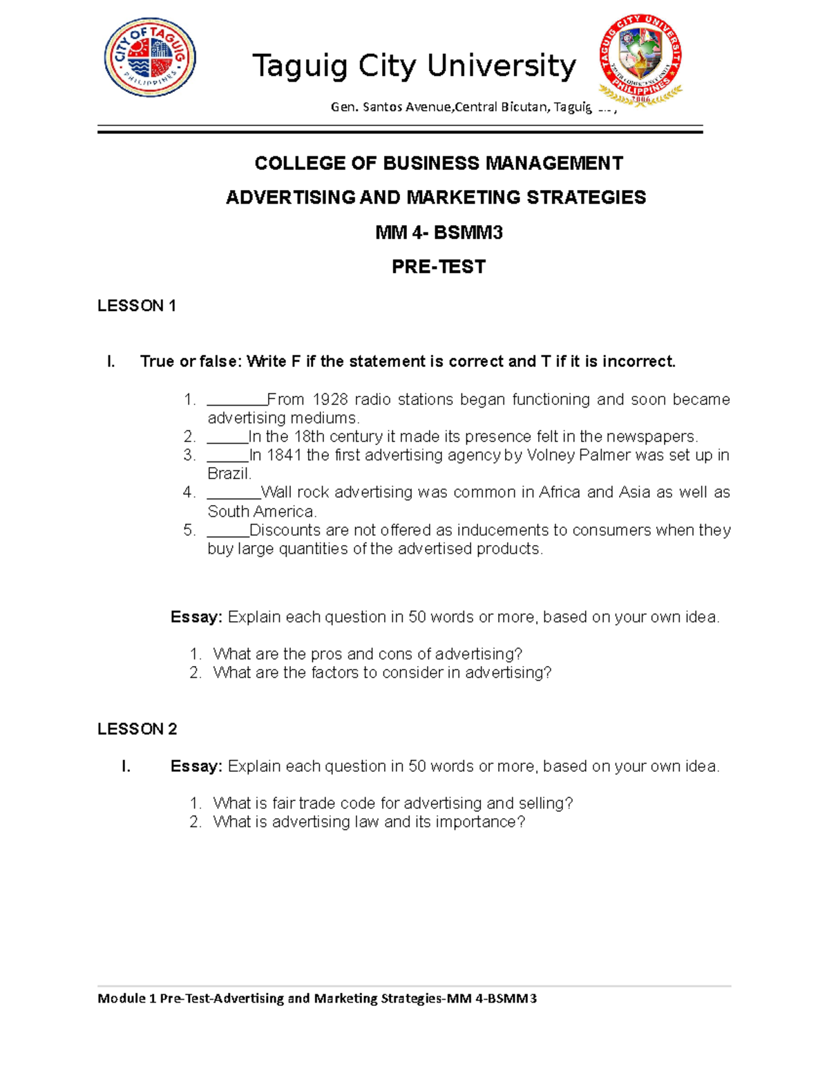 Advertising pre-test Module 1. Introduction to Advertising. - Gen ...