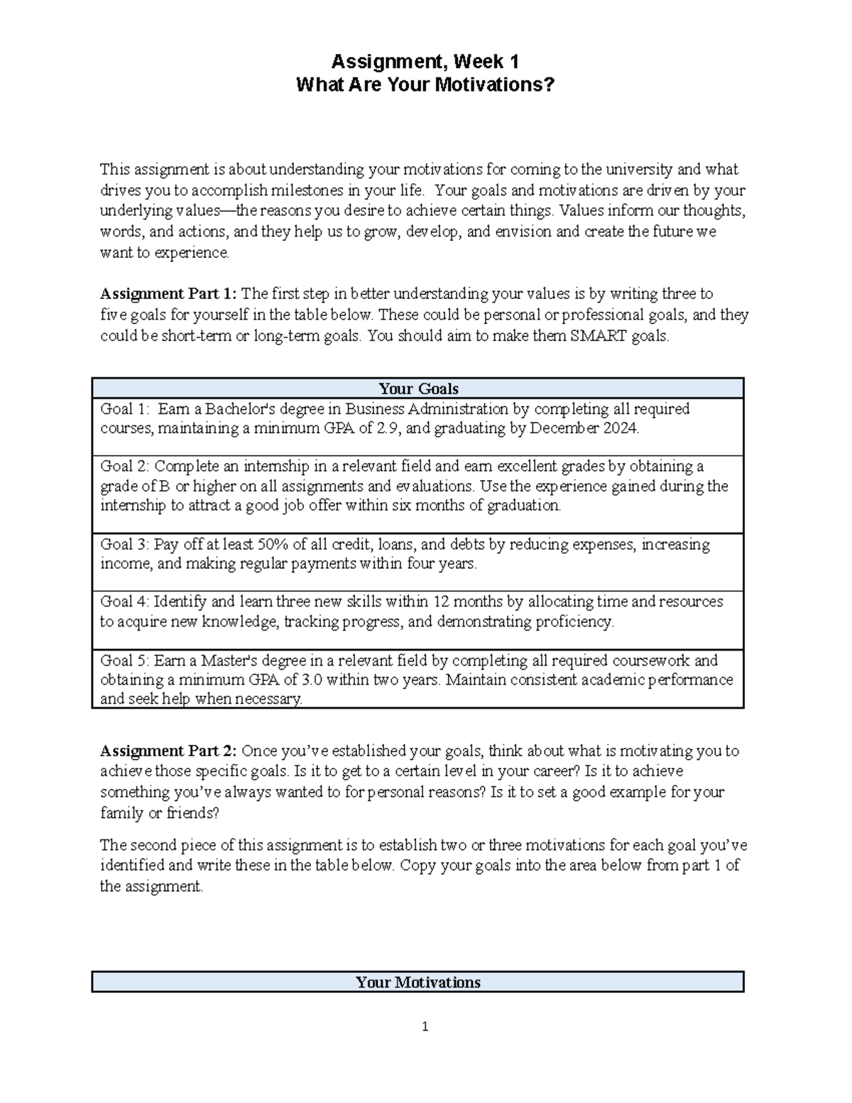 PACE 100 Assignment 1 - What Are Your Motivations? This assignment is ...