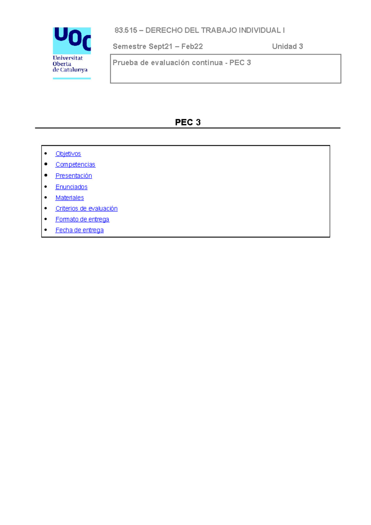 PEC3 derecho del tranajo 1 - Semestre Sept21 – Feb22 Unidad 3 Prueba de evaluación continua ...