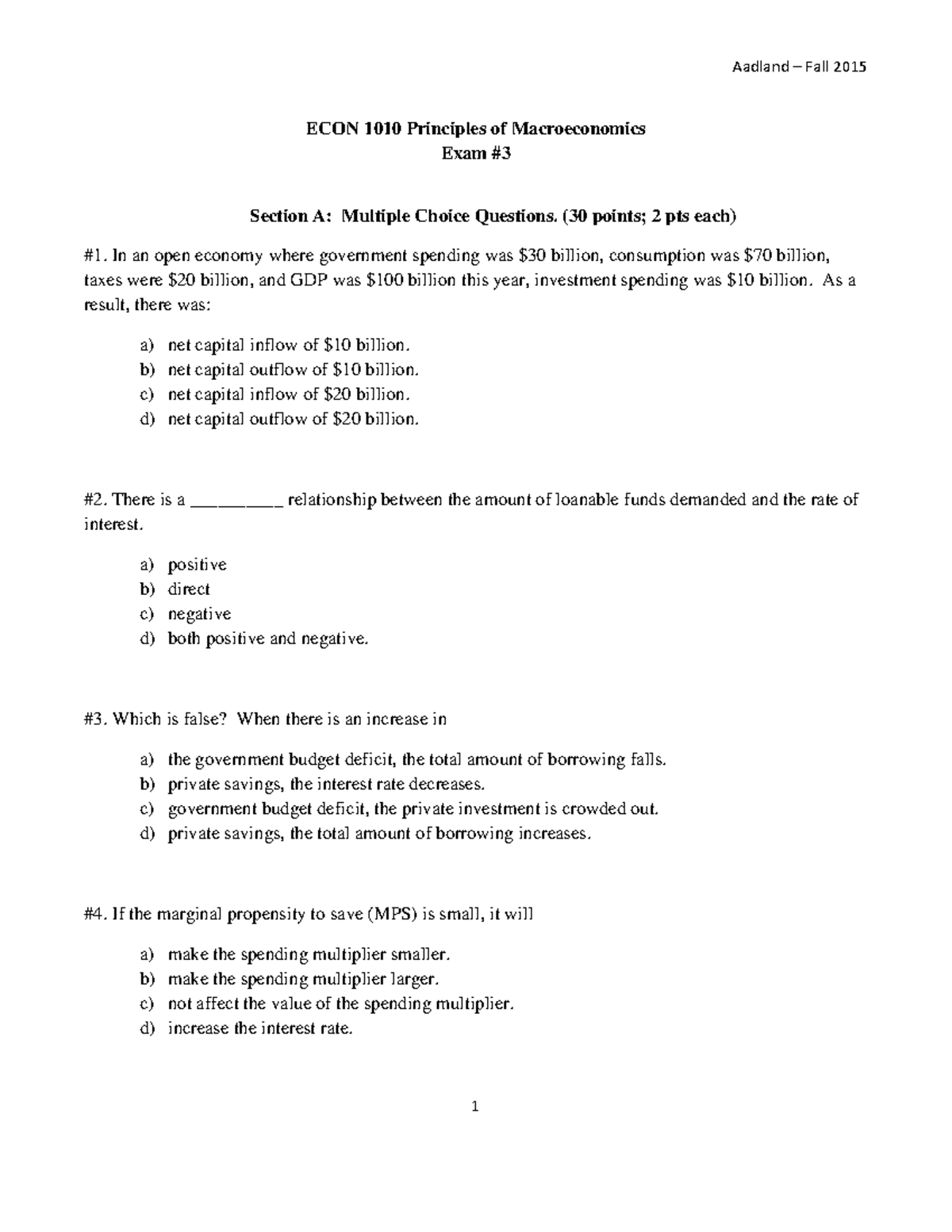 Macro Mc Qs 4 - Notes - ECON 1010 Principles of Macroeconomics Exam ...