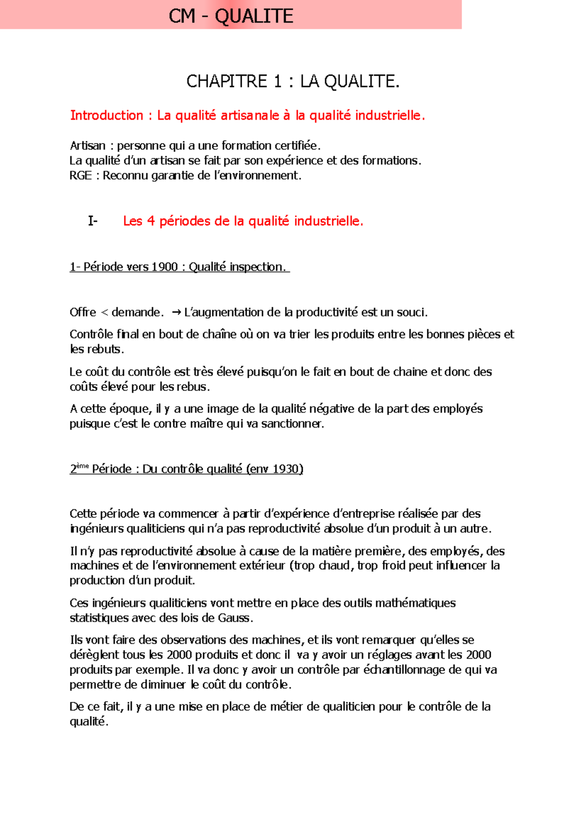 TC2 - CM Qualité - Notes de cours DUT TC semestre 4 - CHAPITRE 1 : LA ...