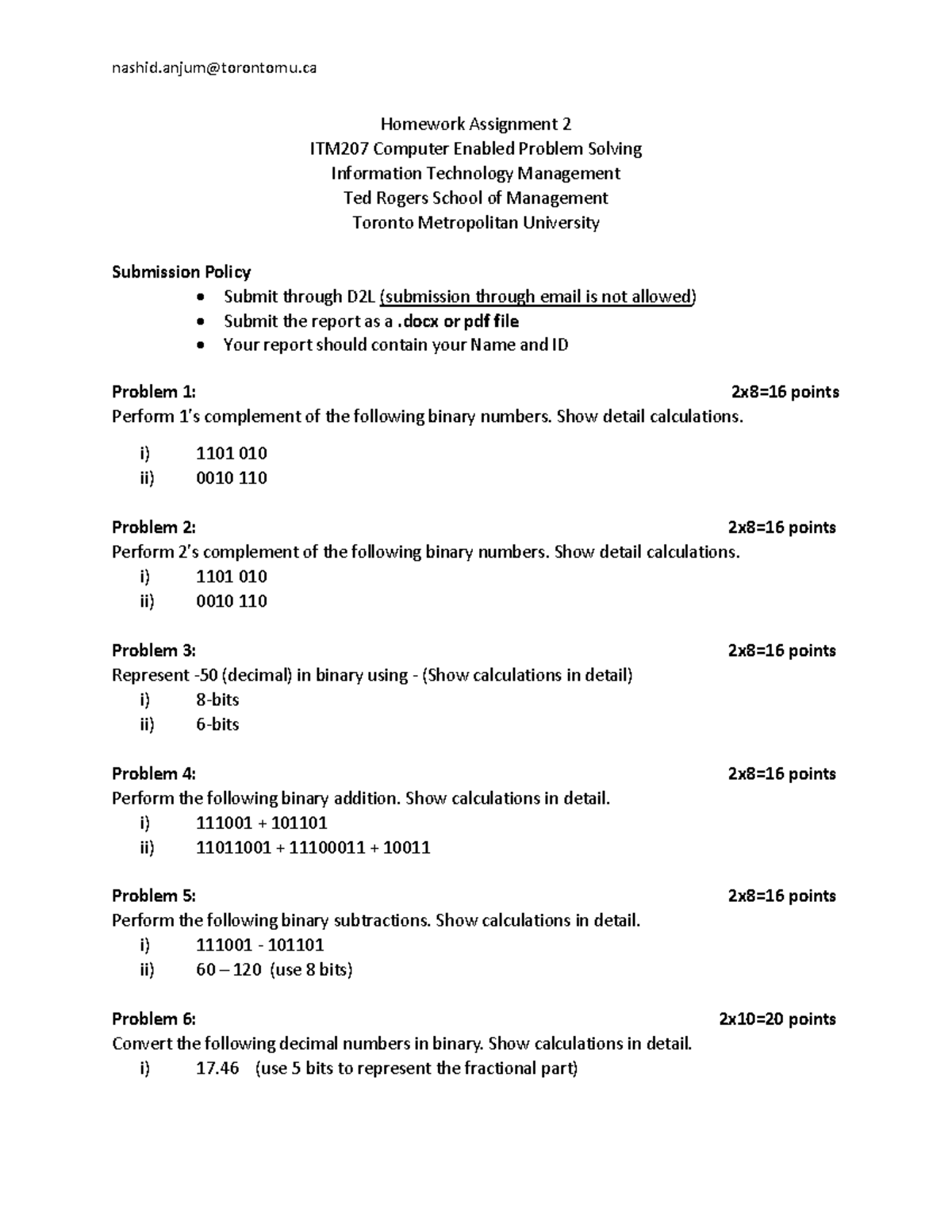 Homework Assignment 2 - nashid@torontomu Homework Assignment 2 ITM20 7 Computer Enabled Problem ...