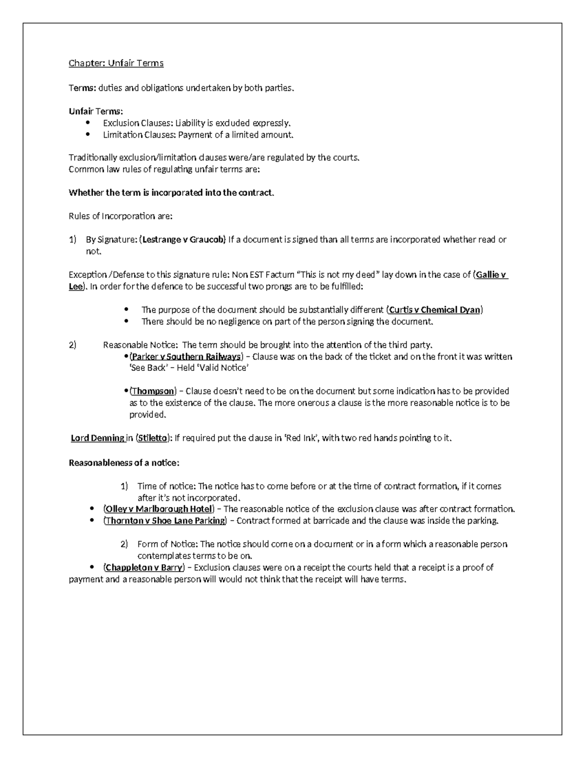 Unfair Terms - Summary Contract law - Chapter: Unfair Terms Terms ...