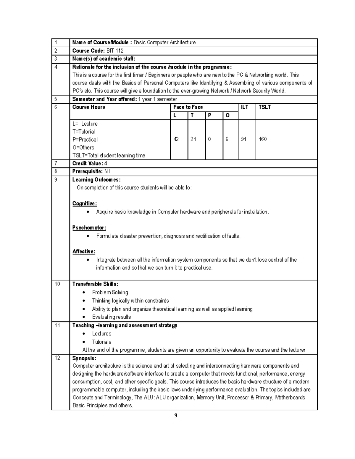 Basic com archi - curriculum - 9 1 Name of Course/Module : Basic ...