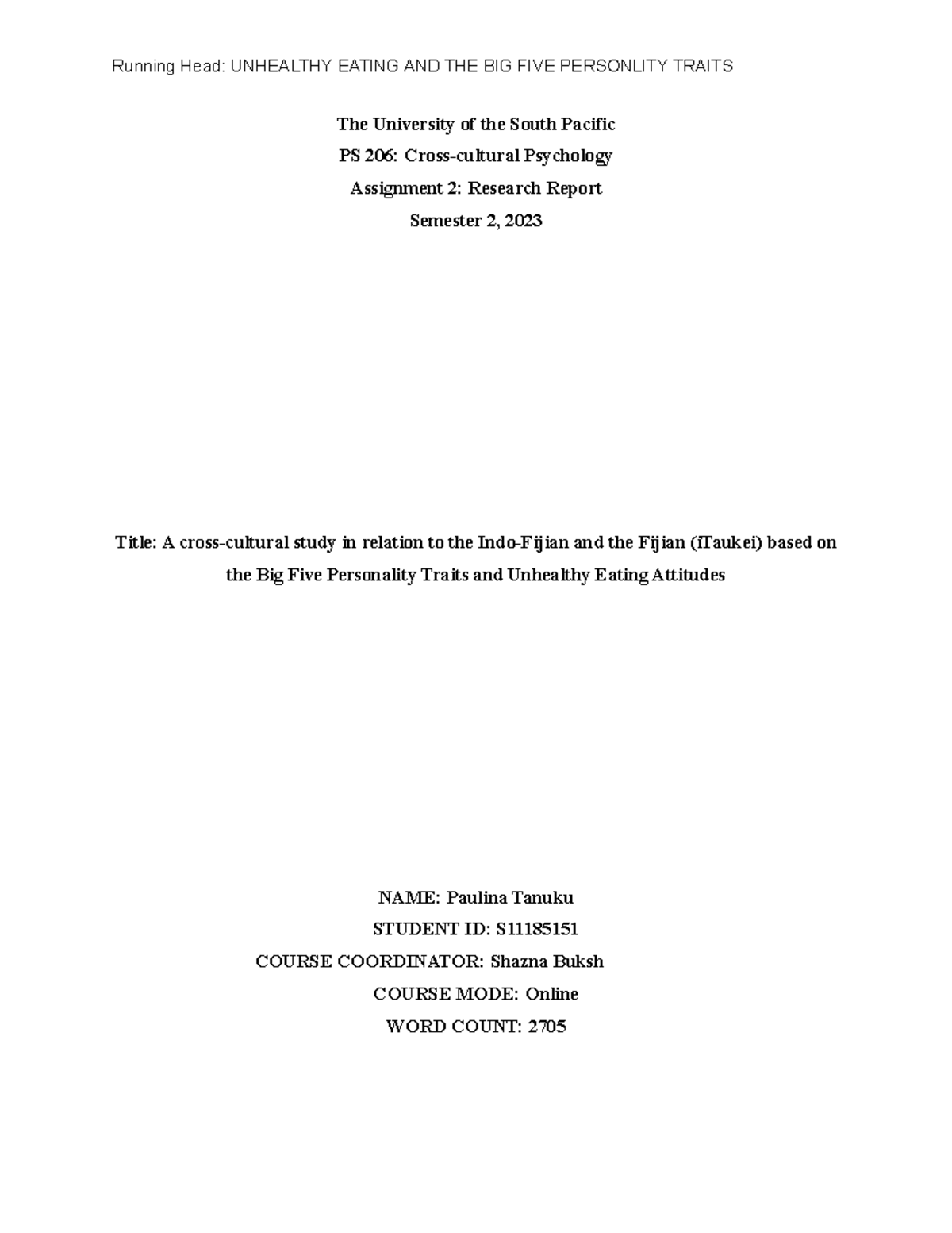 Assignment 2 - Research Report - The University of the South Pacific PS ...