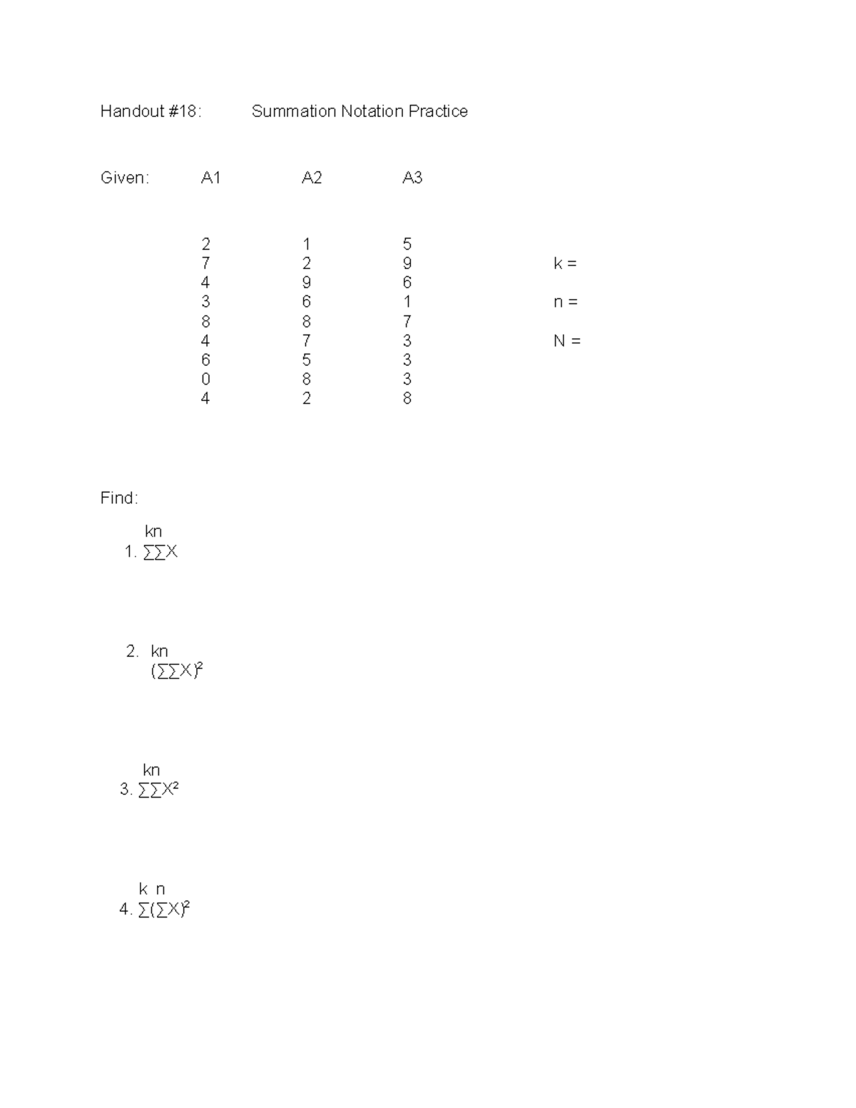 Unit 3 handouts - practice - Handout #18: Summation Notation Practice ...