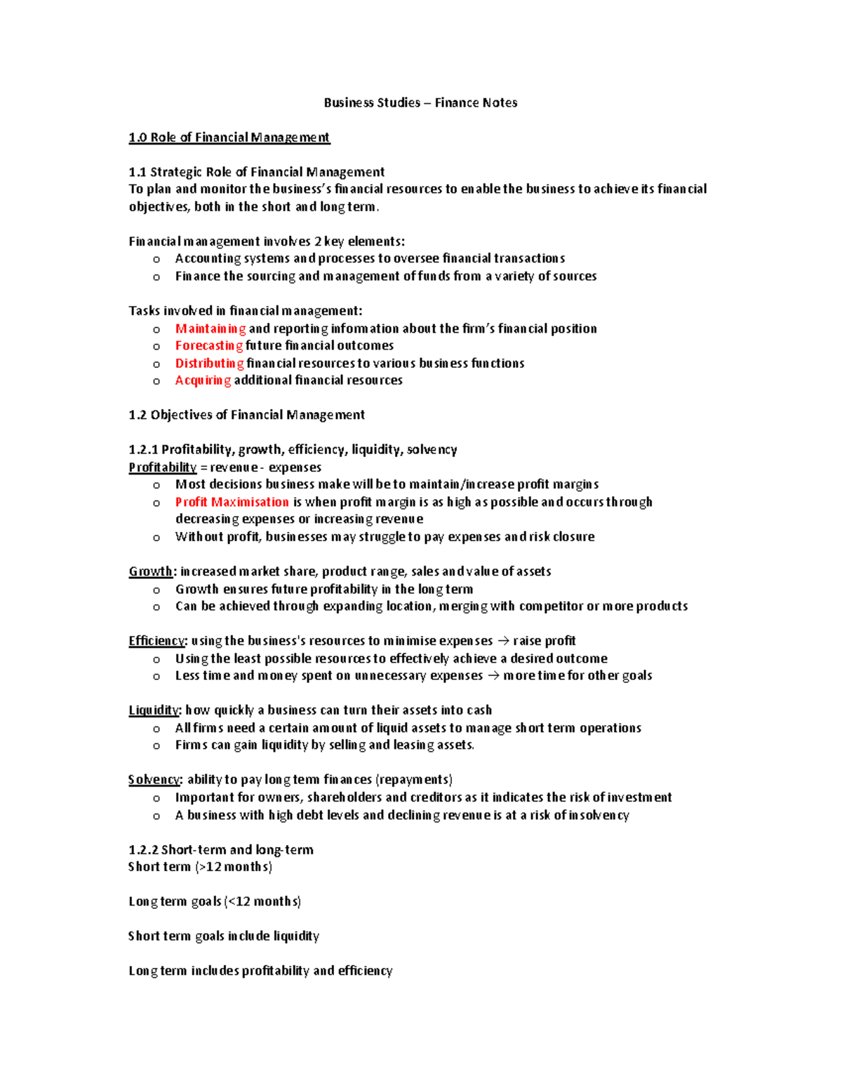 Finance notes - Business Studies – Finance Notes 1 Role of Financial ...