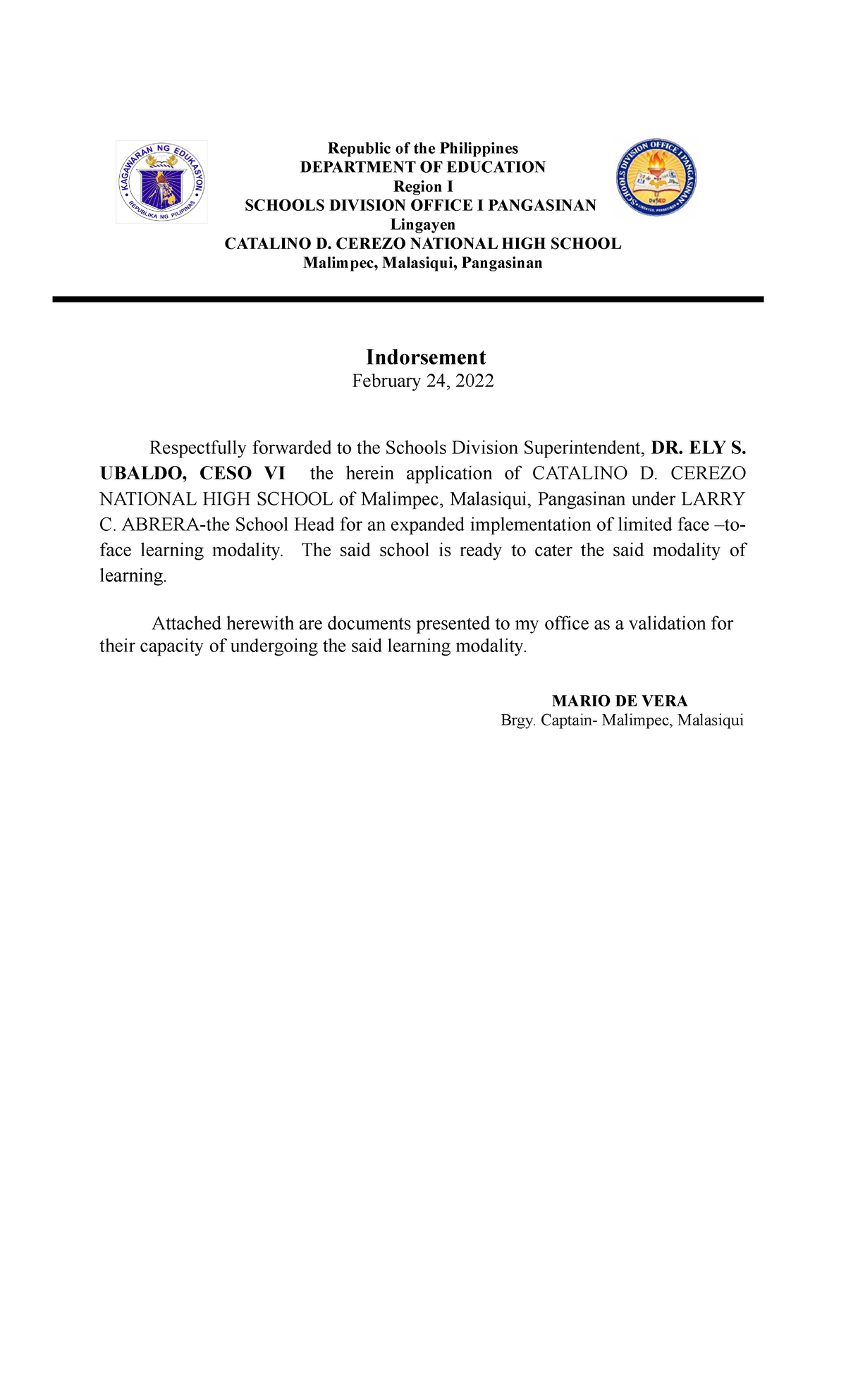 Endorsement pta brgy capt - Republic of the Philippines DEPARTMENT OF ...