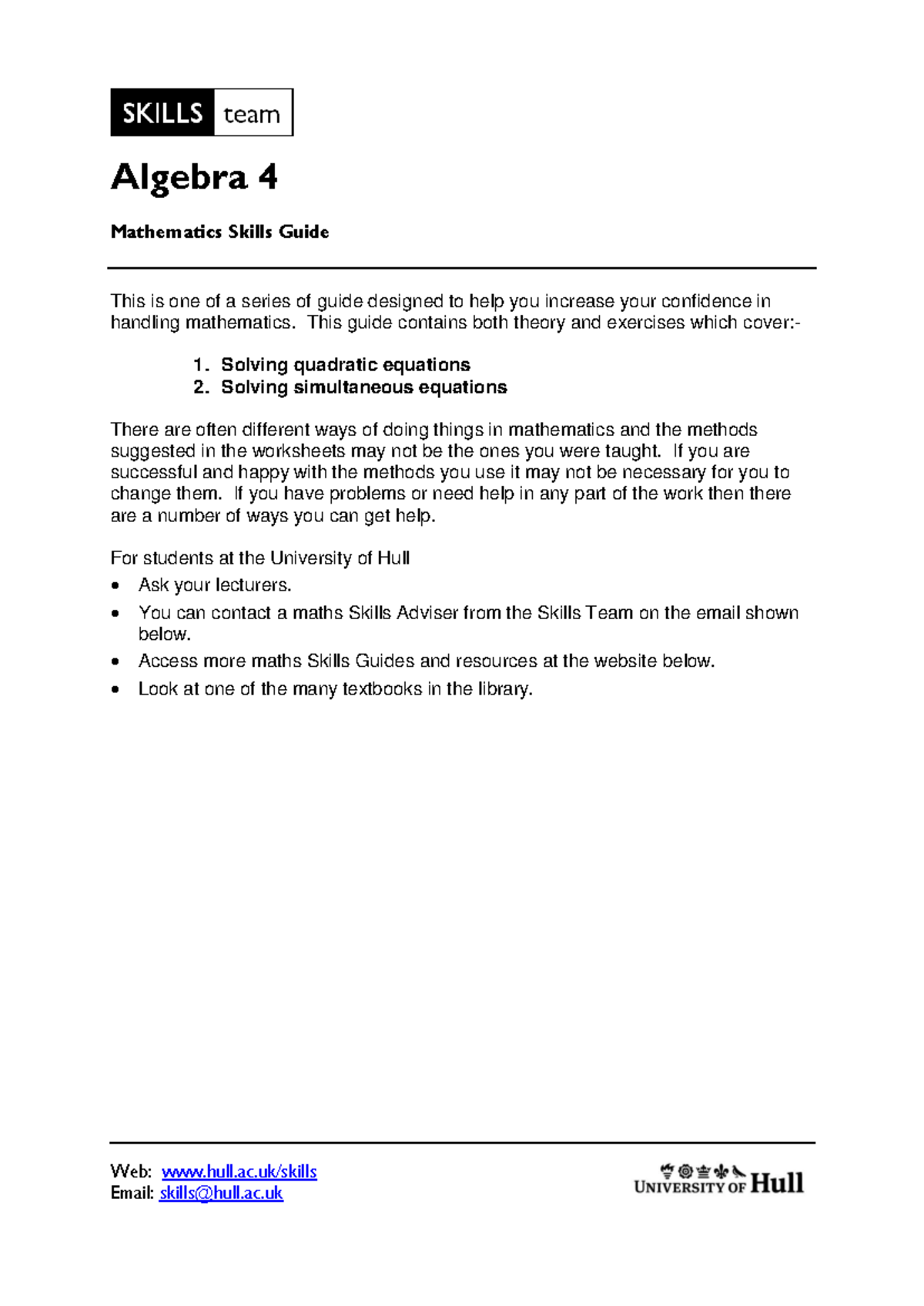 Algebra 4 - Skehekw - Algebra 4 Mathematics Skills Guide This is one of ...