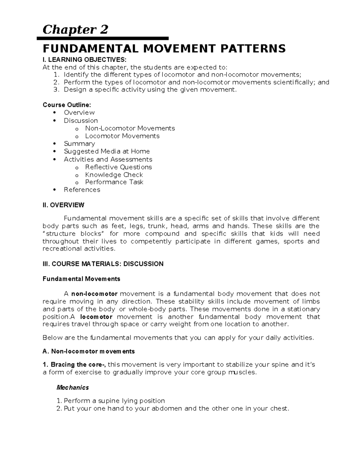 Midterm LOCO NON LOCO - Mock Quiz - Chapter 2 FUNDAMENTAL MOVEMENT PATTERNS I. LEARNING ...