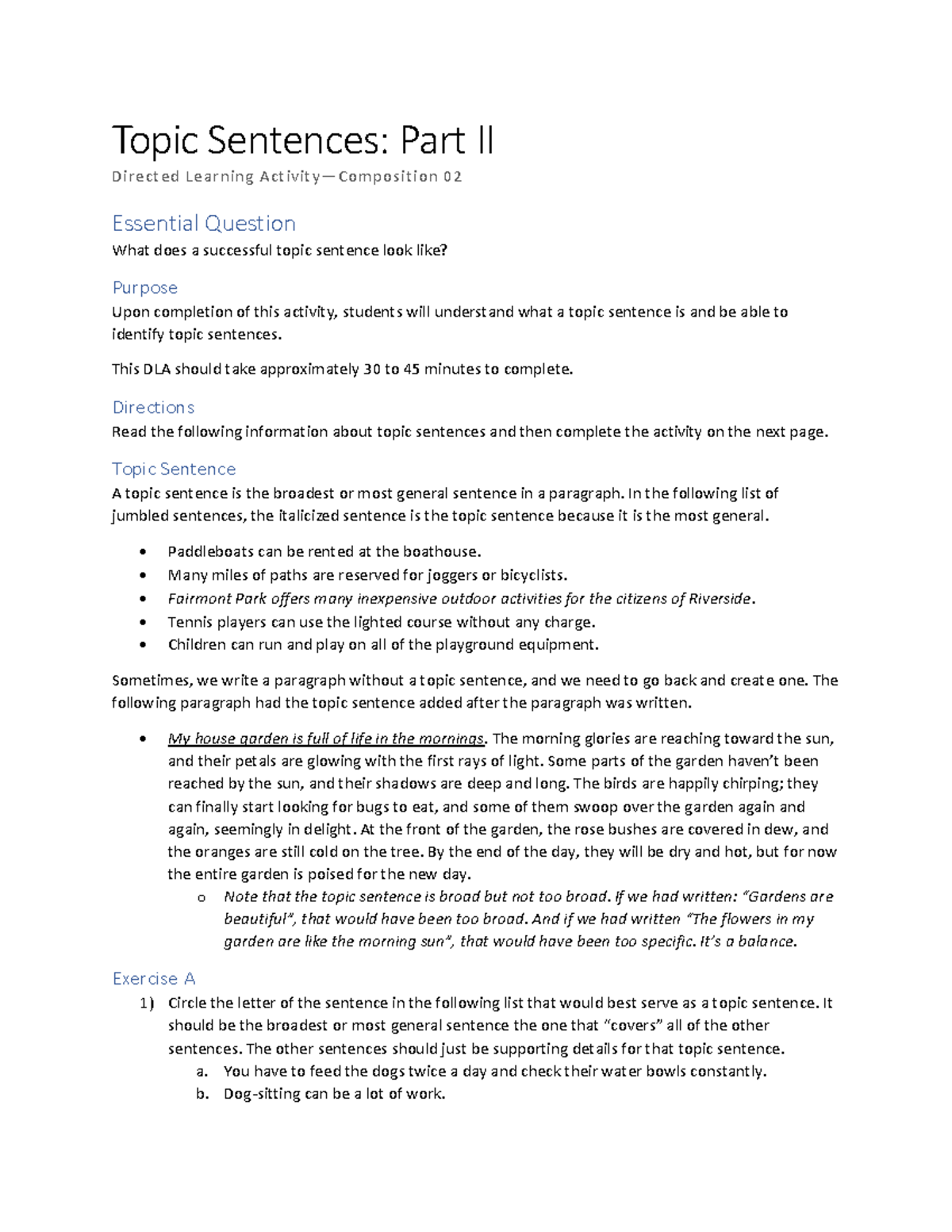 DLA - C 2 Topic sentences II (1) - Topic Sentences: Part II Directed ...