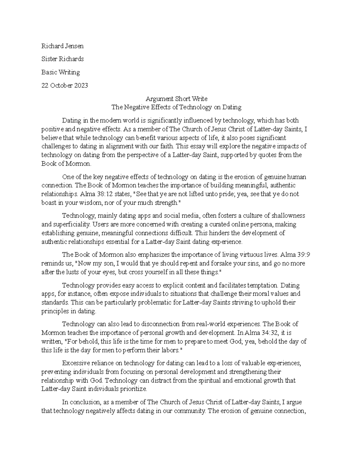 Argument Short Write - Richard Jensen Sister Richards Basic Writing 22 ...