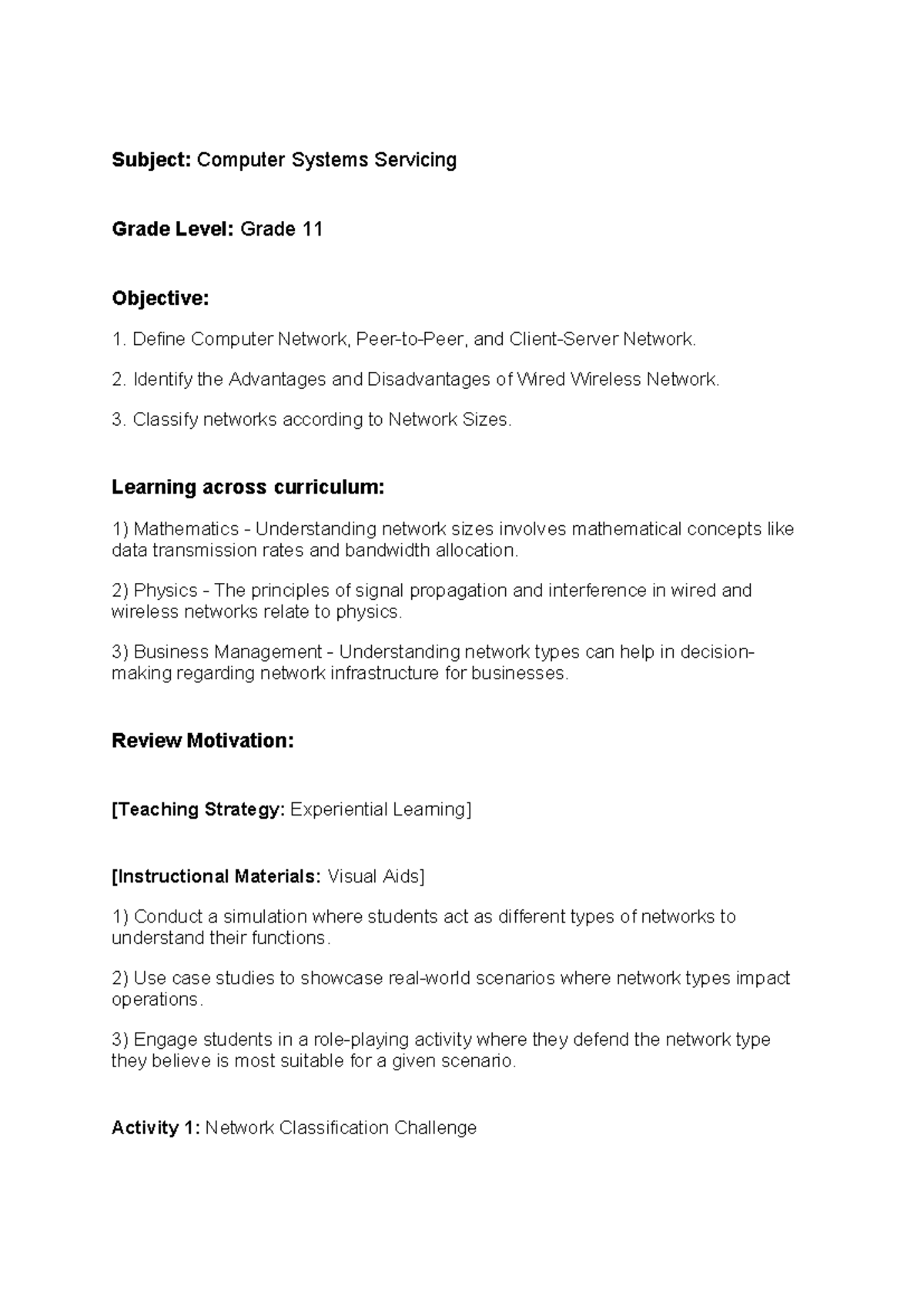 Lesson plan(11) - CSS - Subject: Computer Systems Servicing Grade Level ...