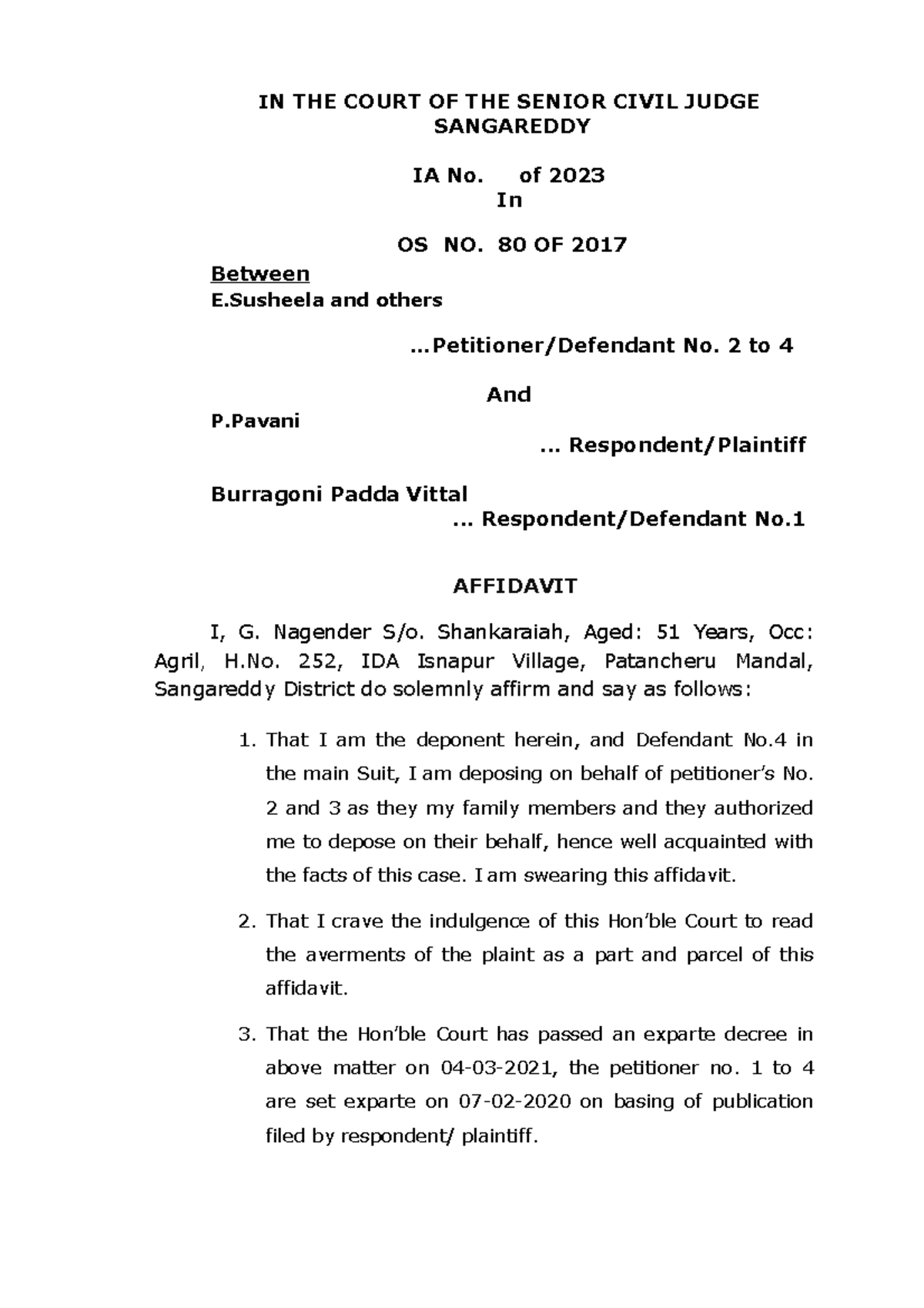 Set a side - IN THE COURT OF THE SENIOR CIVIL JUDGE SANGAREDDY IA No ...