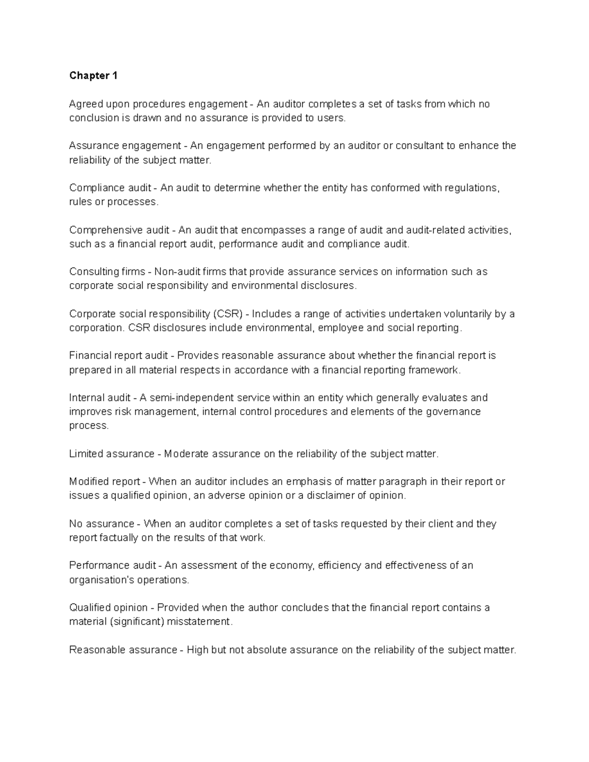 Audit Key Terms - Chapter 1 Agreed upon procedures engagement - An ...
